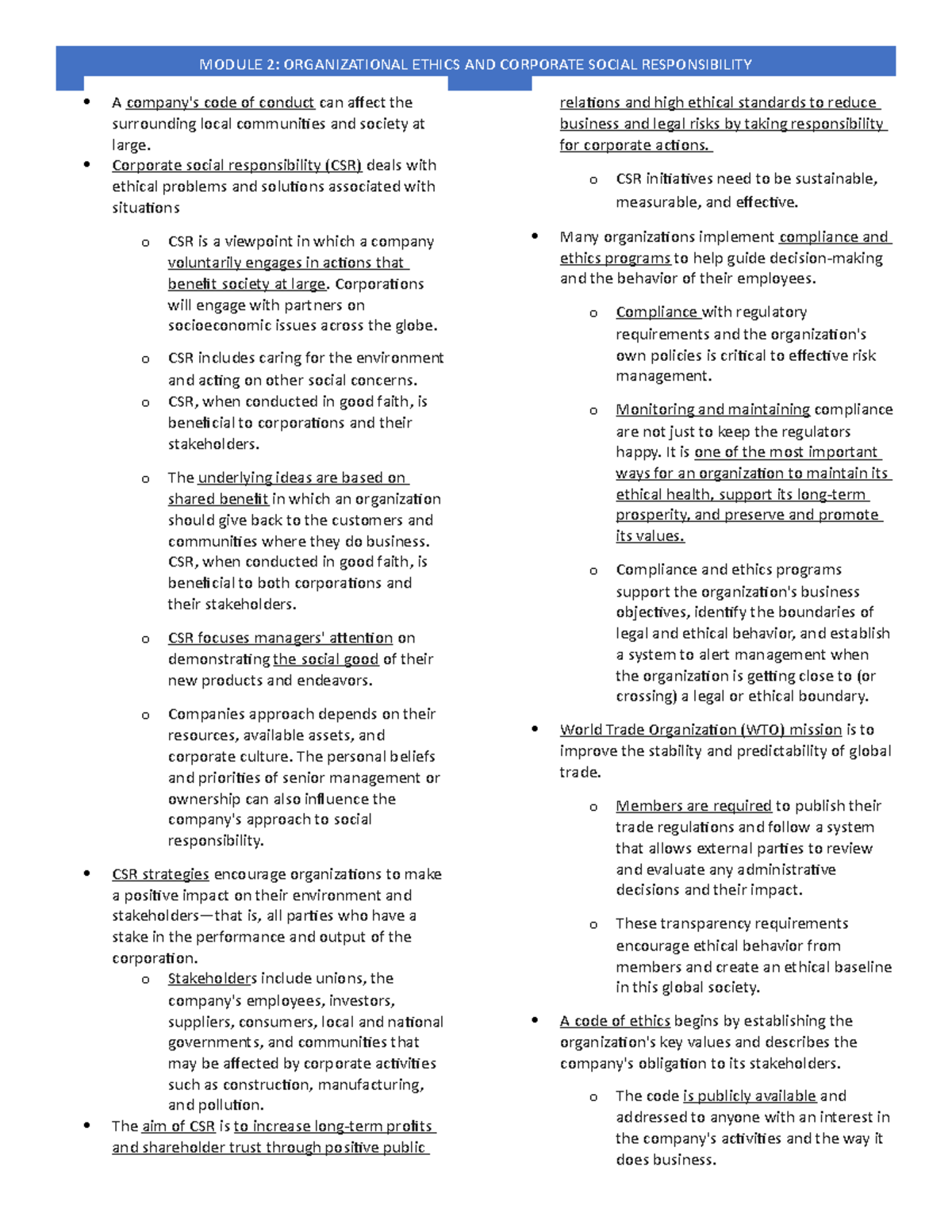 D072 Module 2 Organizational Ethics AND Corporate Social Responsibility handout - A company's ...