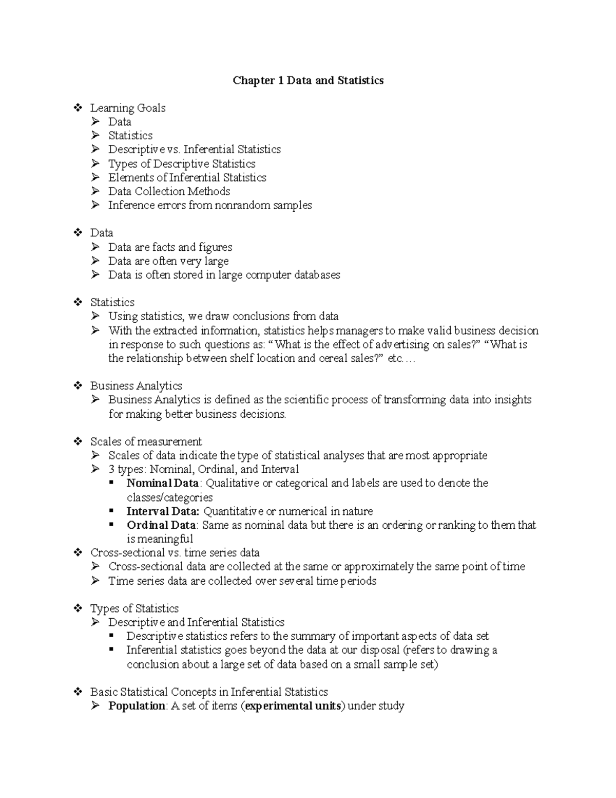 Chapter 1 Data and Statistics ISDS361A - Chapter 1 Data and Statistics Learning Goals Data - Studocu