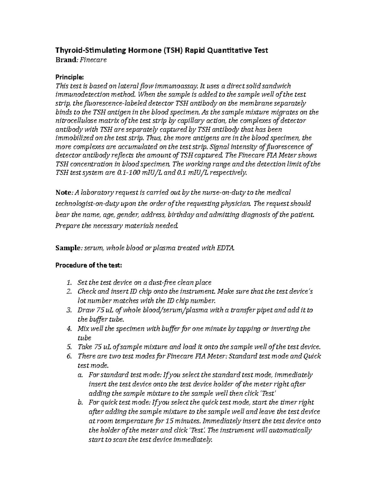SOP-TSH - Standard operating procedure for conducting TSH tests ...