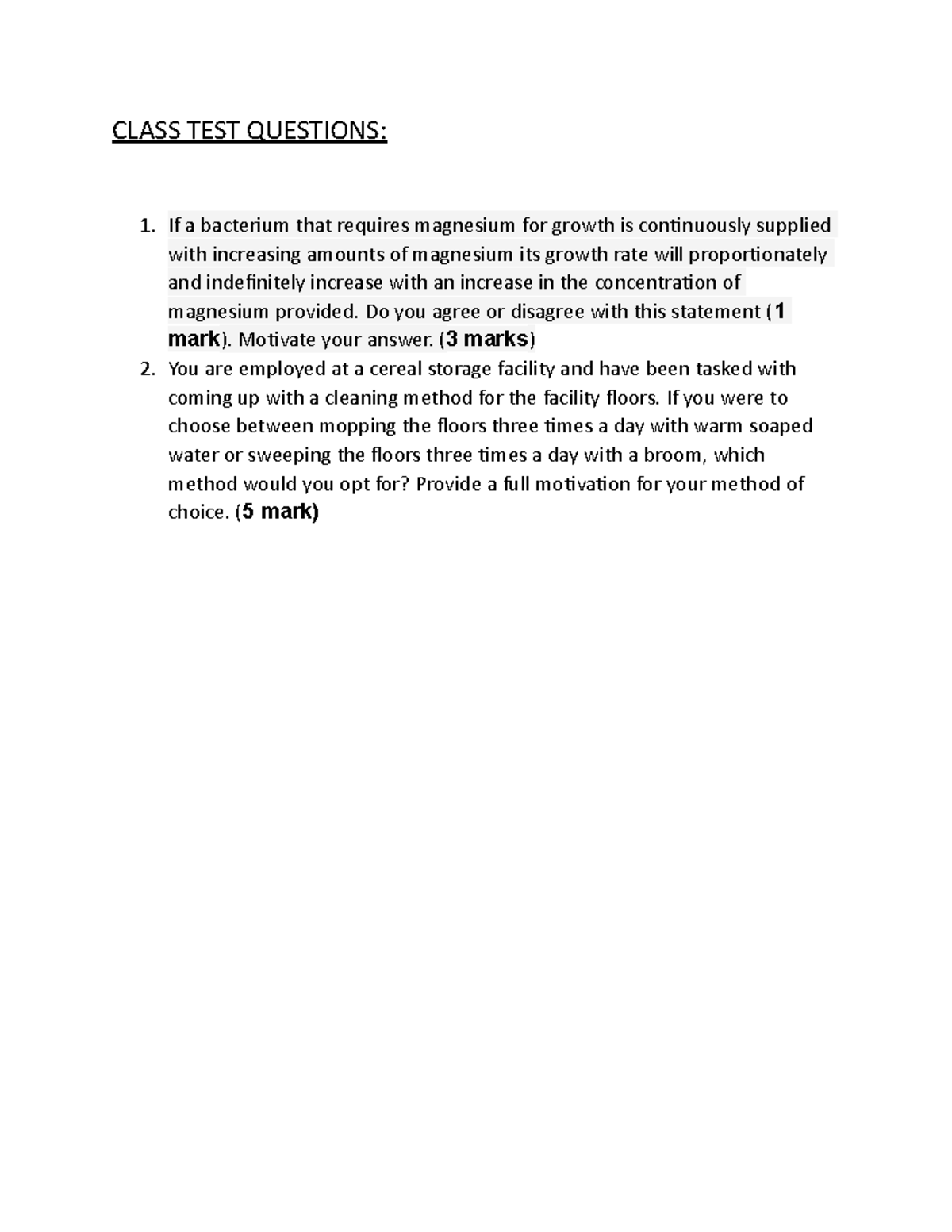 MBY 262-class test questions - CLASS TEST QUESTIONS: If a bacterium ...