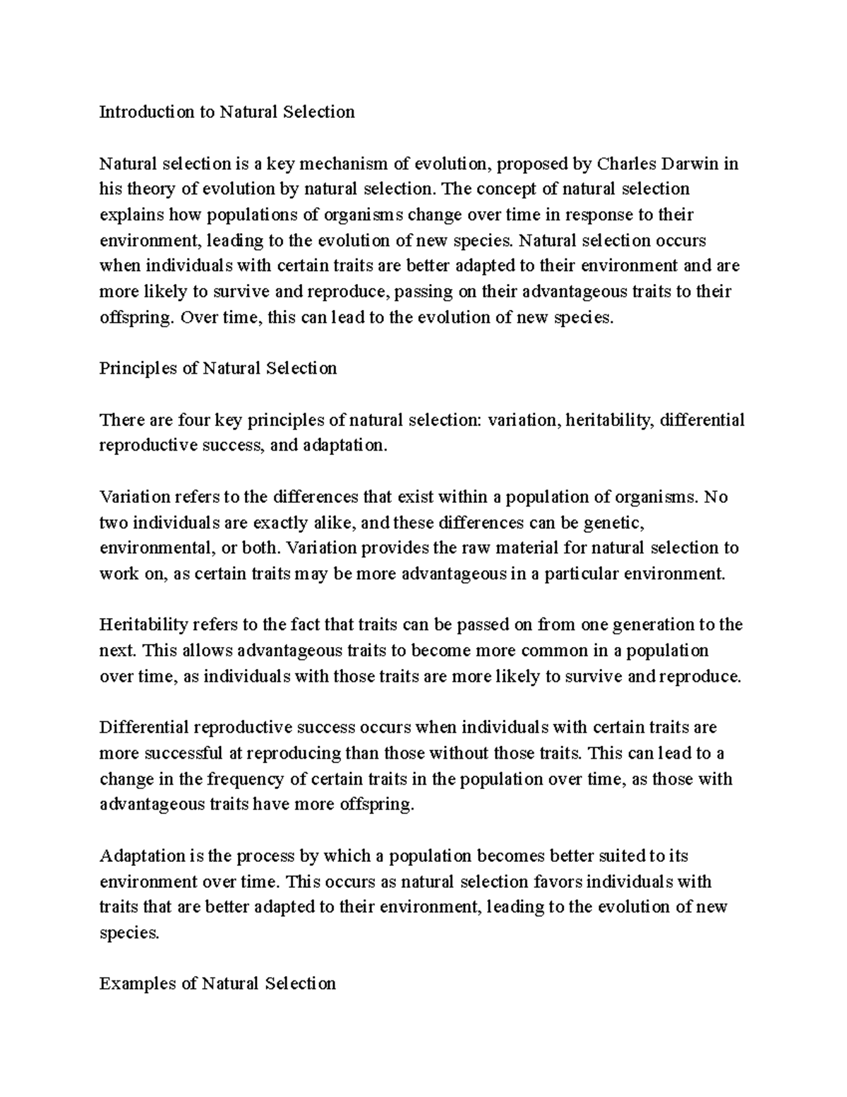 Natural Selection Notes 1- Google Docs - Introduction to Natural ...