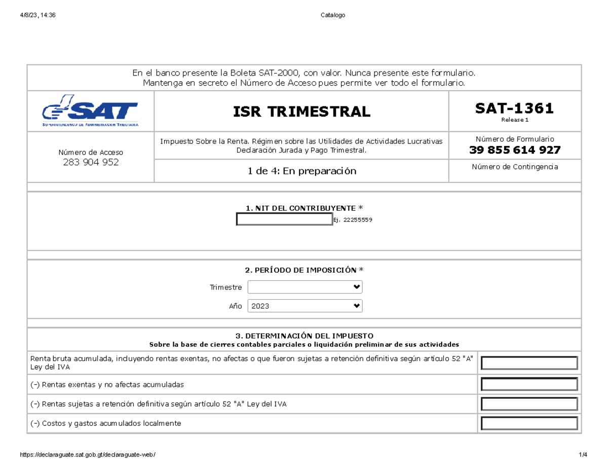SAT 1361 ISR Trimestral - En el banco presente la Boleta SAT-2000, con ...