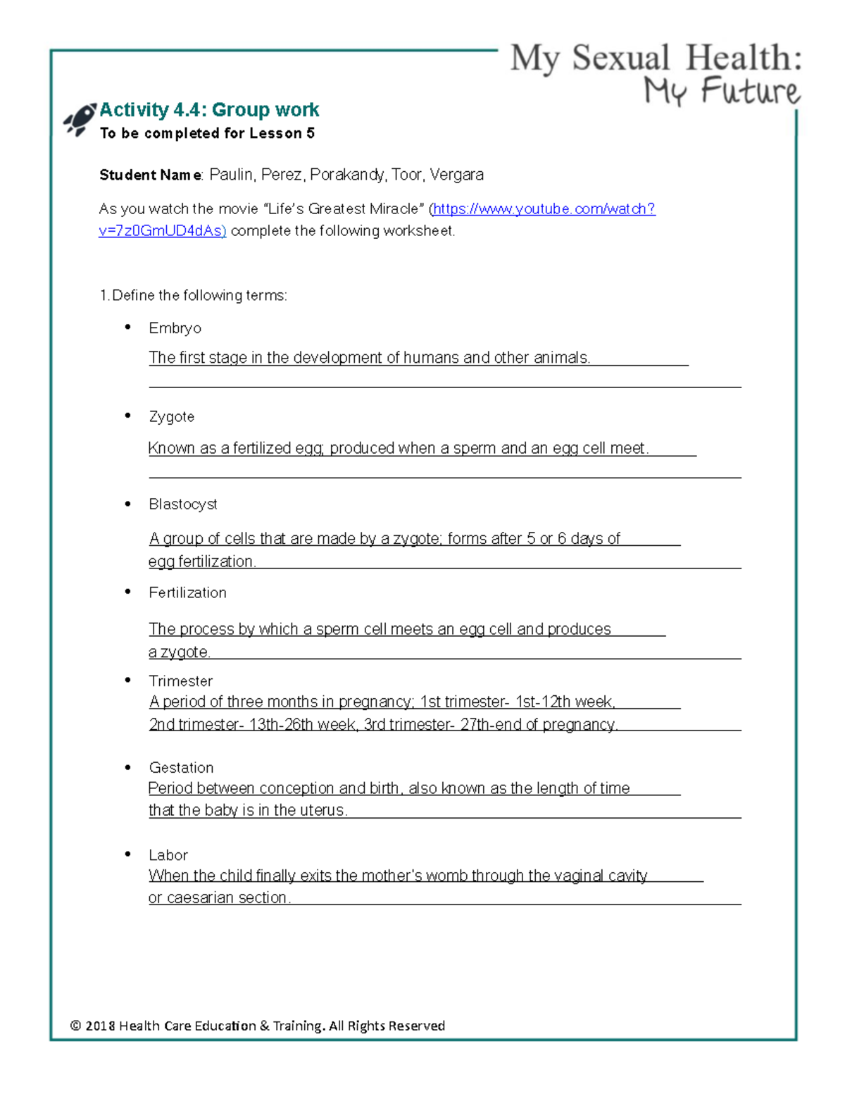 Biology - Activity 4: Group work To be completed for Lesson 5Student ...