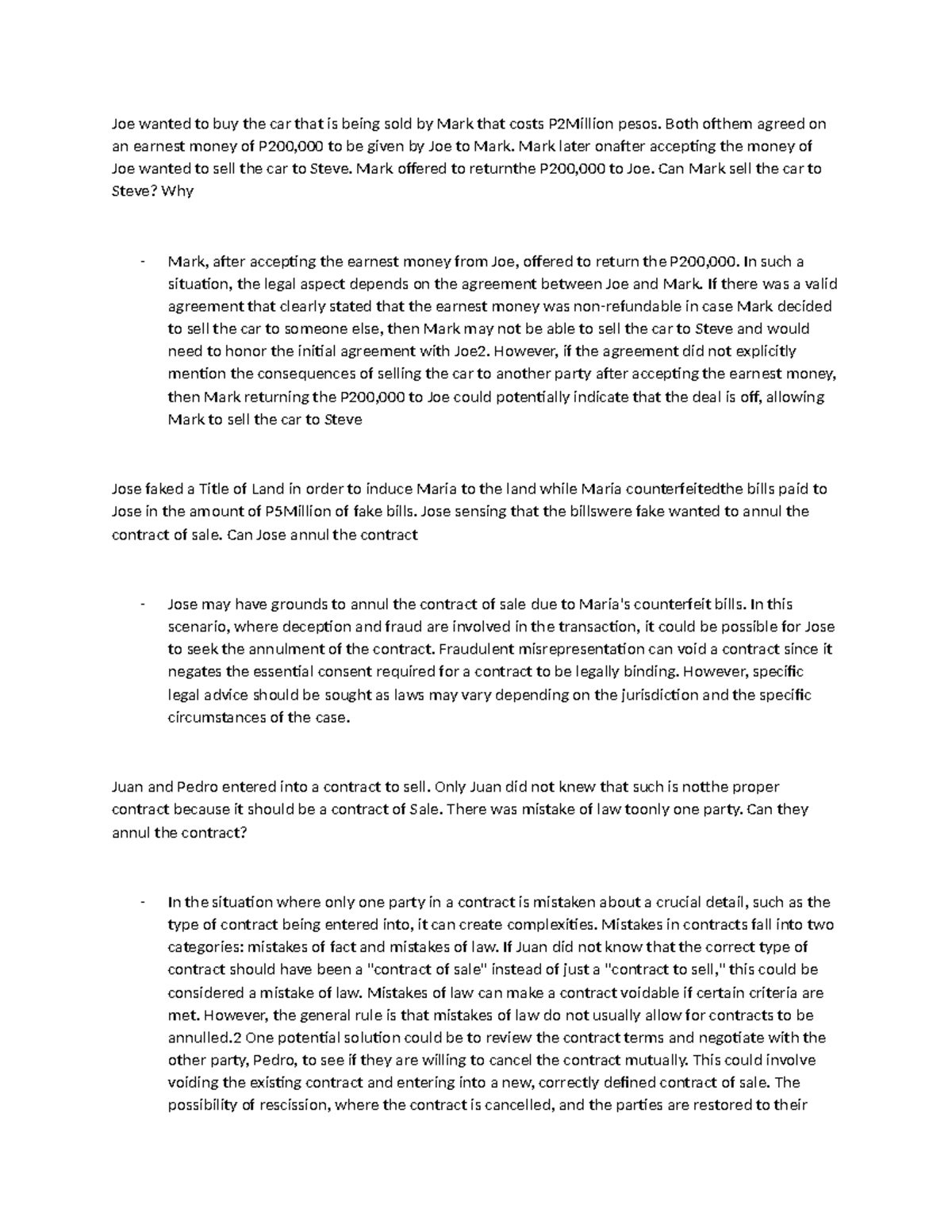 Possible Essay Questions - Joe wanted to buy the car that is being sold ...