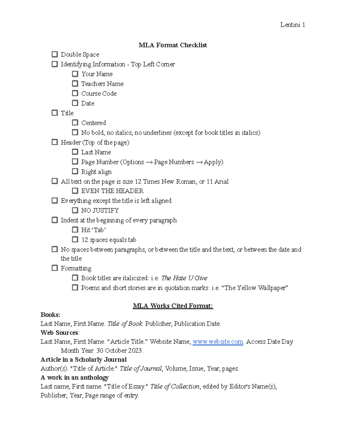 MLA Format Checklist - Lentini 1 MLA Format Checklist Double Space ...