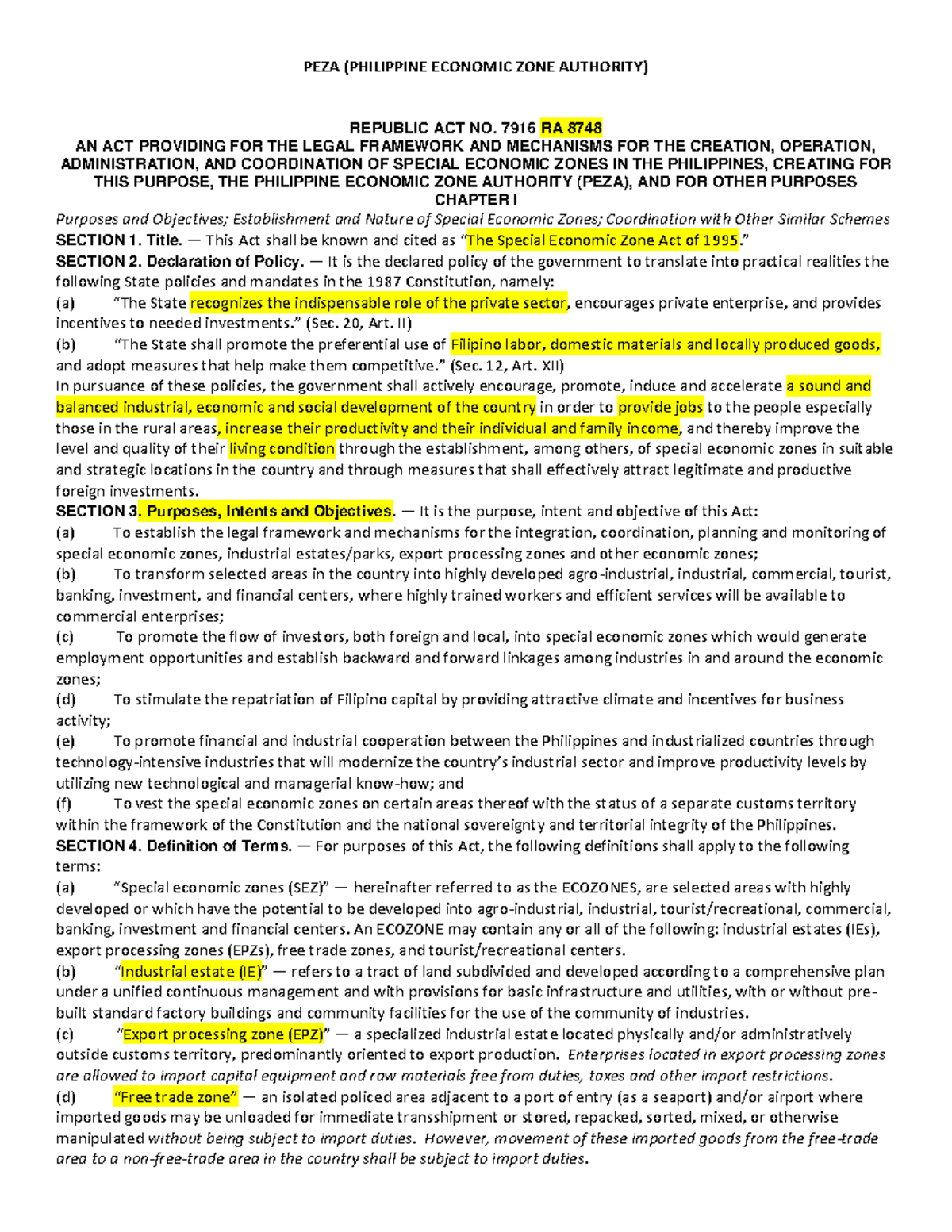 PEZA with highlights PEZA PHILIPPINE ECONOMIC ZONE AUTHORITY
