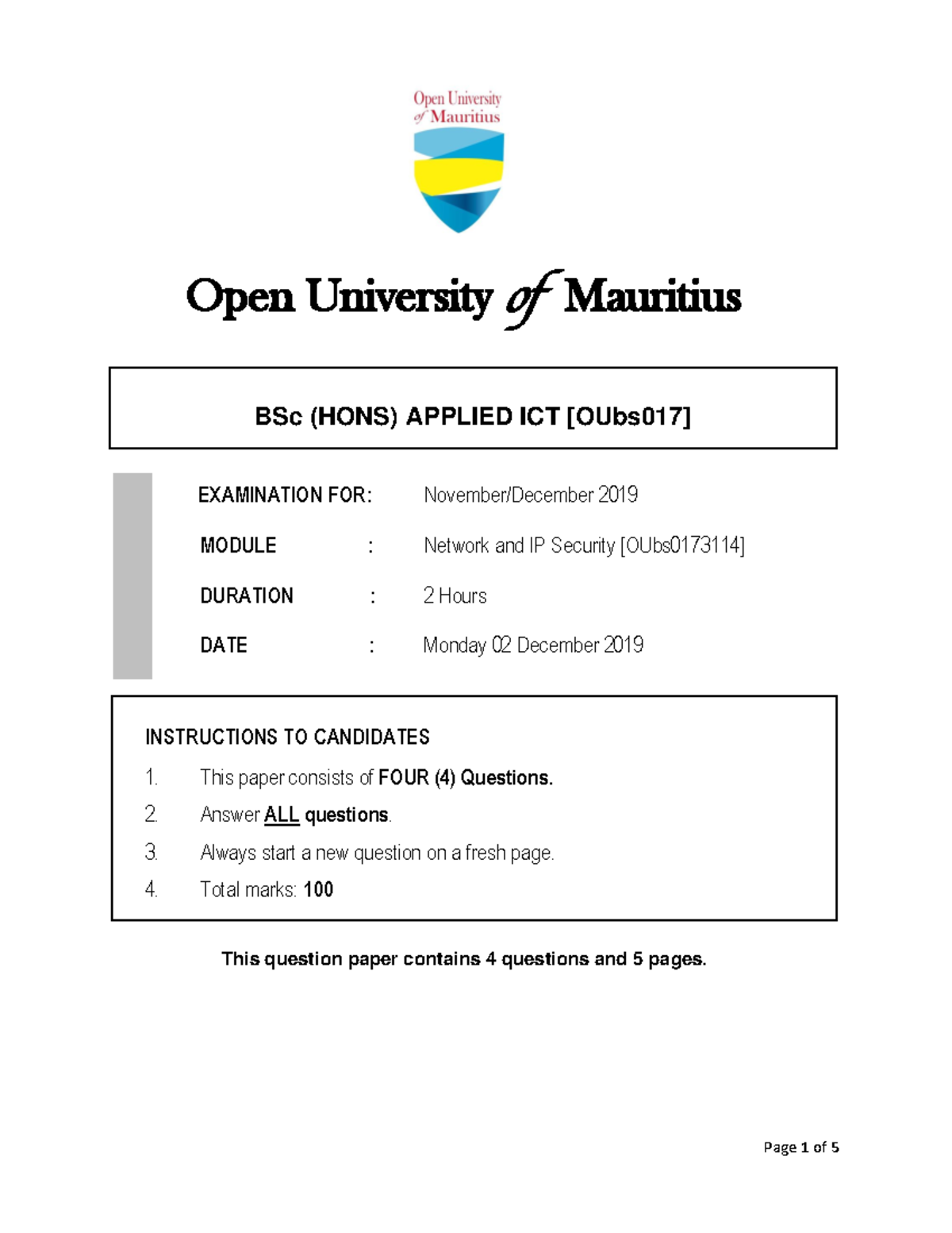 Network Security nov19 - Open University of Mauritius EXAMINATION FOR: November/December 2019 ...