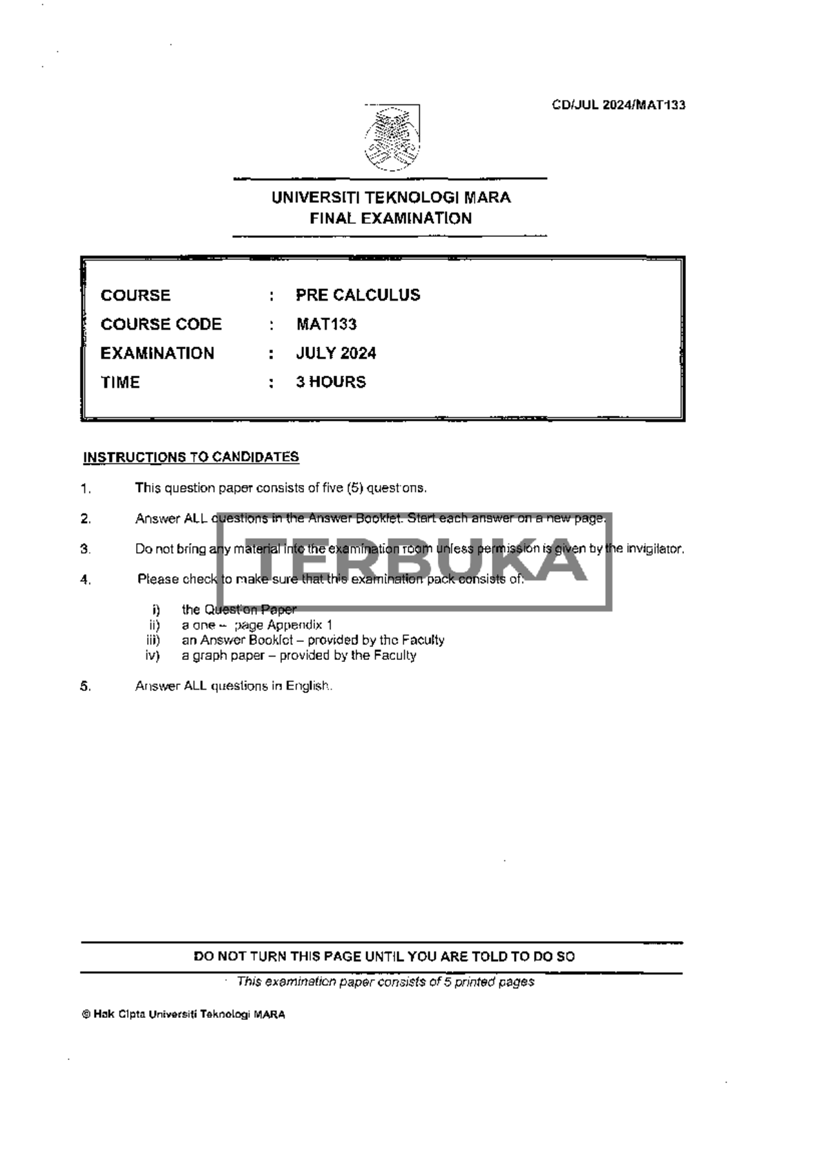MAT133 - HOPE THIS HELP - UNIVERSITI TEKNOLOGI MARA FINAL EXAMINATION COURSE COURSE CODE ...