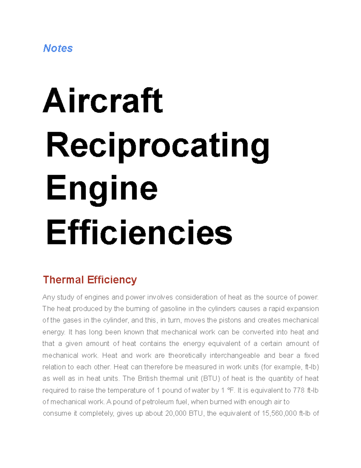 115 - NOTES - Notes Aircraft Reciprocating Engine Efficiencies Thermal ...
