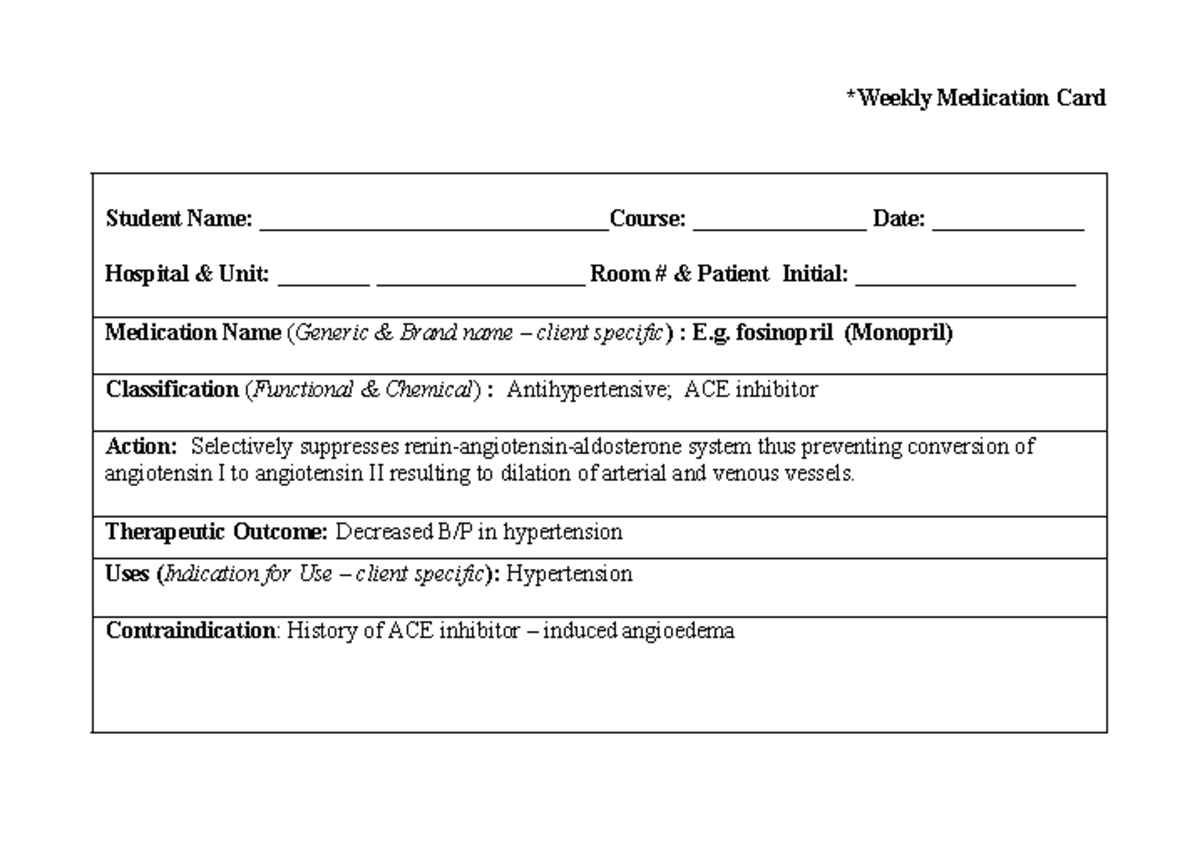 Weekly Medication Card Example - Student Name ...