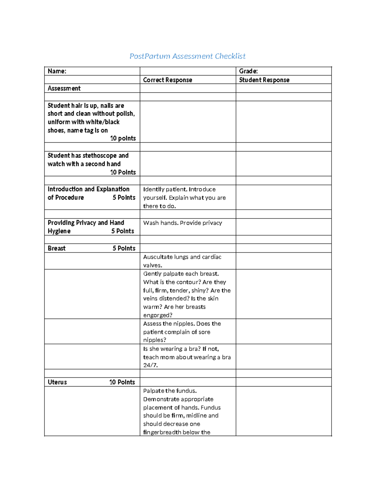 Post Partum Assessment Checklist - PostPartum Assessment Checklist Name ...