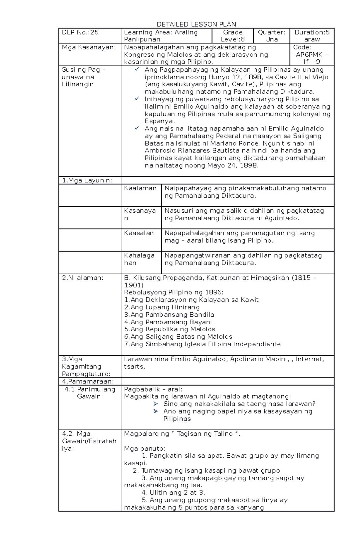 25 - educ - DETAILED LESSON PLAN DLP No.:25 Learning Area: Araling ...