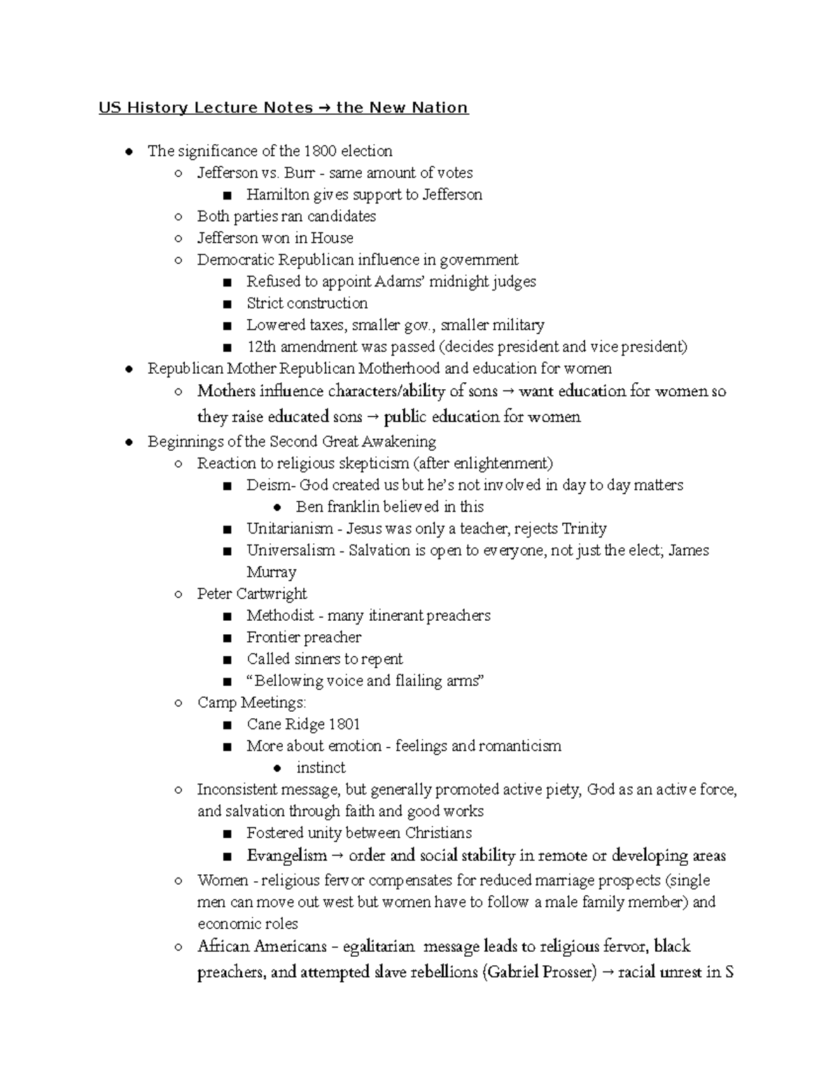 Studoc US history notes - US History Lecture Notes → the New Nation The ...