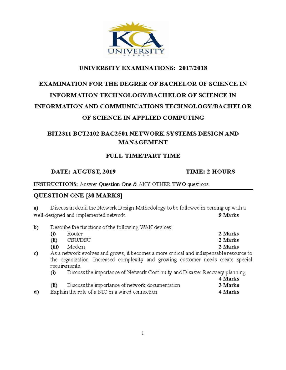 BIT2311 BCT2102 BAC2501 Network Systems Design AND Management - 1 ...