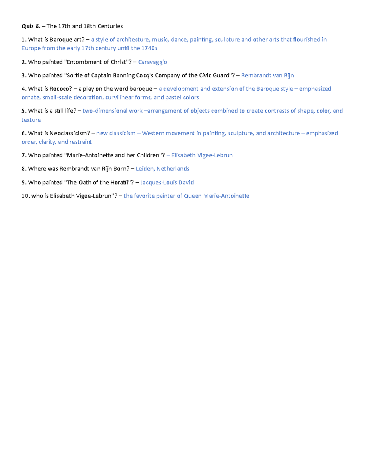 Quiz 6 – The 17th and 18th Centuries - Quiz 6. – The 17th and 18th ...