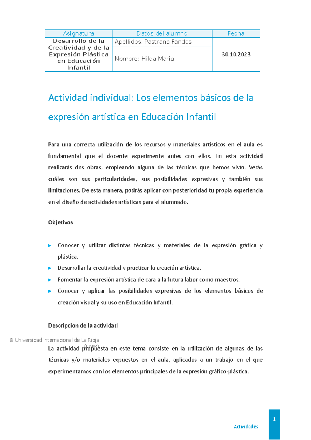 Actividad 1 Trabajo Los Elementos Básicos De La Expresión Artística