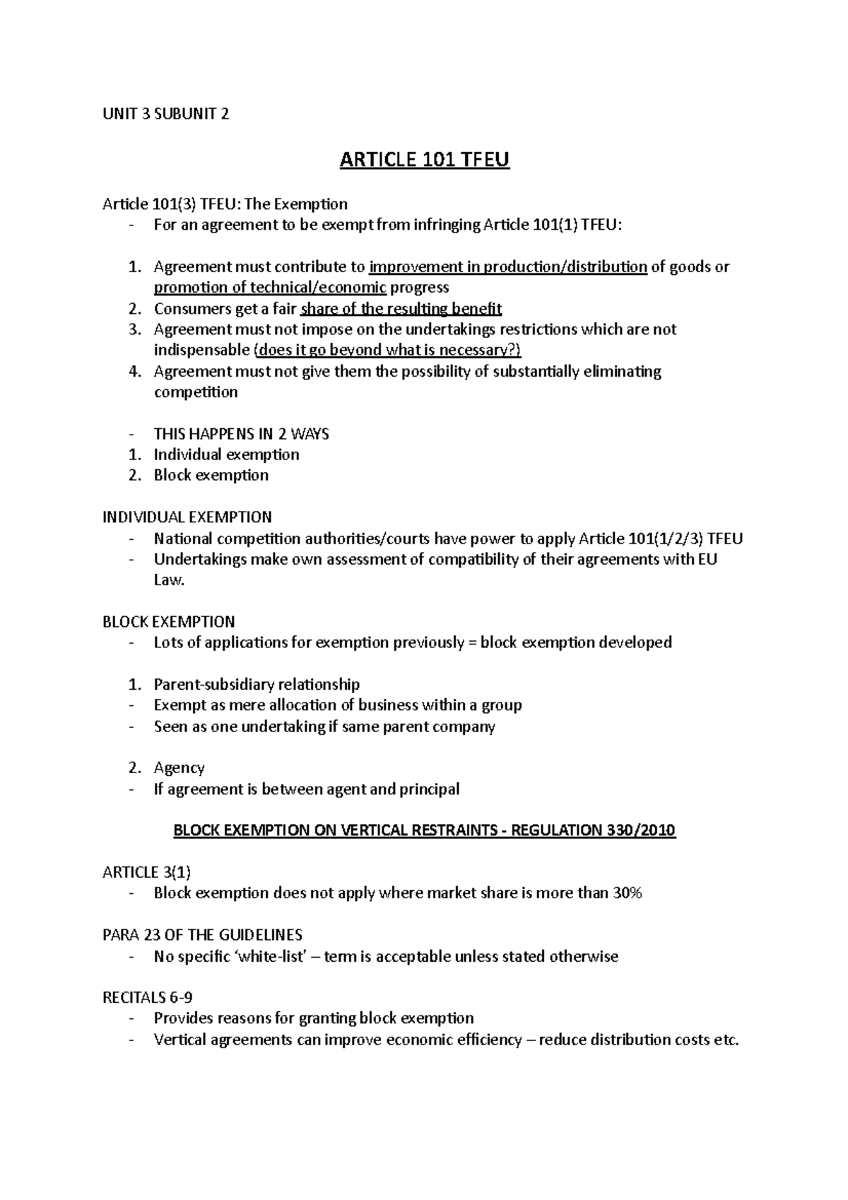 UNIT 3 Subunit 2 EU 2020/2021 - UNIT 3 SUBUNIT 2 ARTICLE 101 TFEU Article 101(3) TFEU: The ...