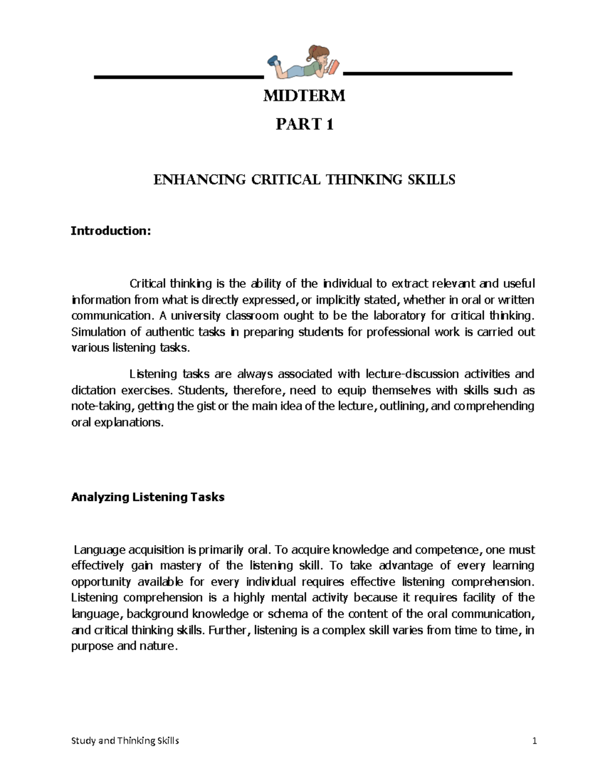 Study and Thinking Skills Midterm Module - Midterm Part 1 enhancing ...