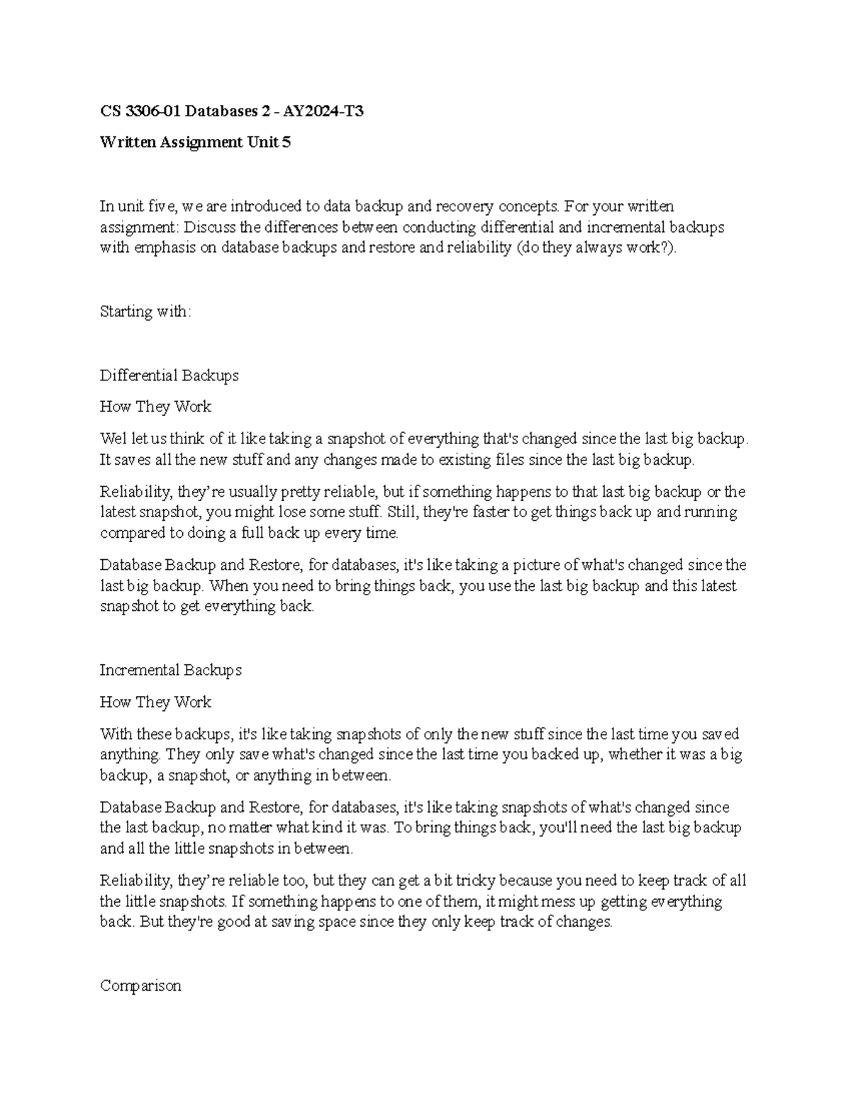 Written Assignment Unit 5 Cs 3306 01 Databases 2 Ay2024 T Written Assignment Unit 5 In Unit 
