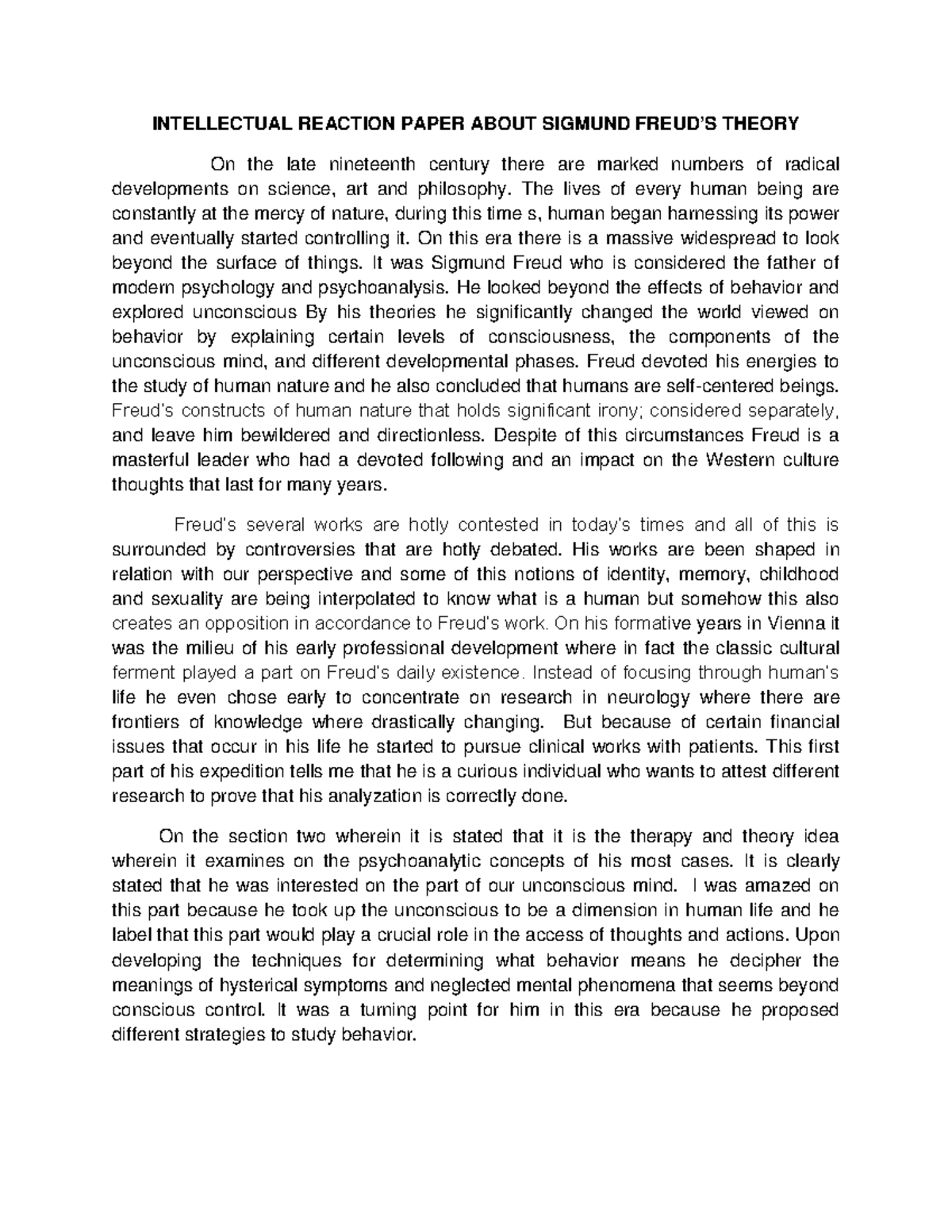 Intellectual Reaction Paper About Sigmund Freud's Theory - BS ...