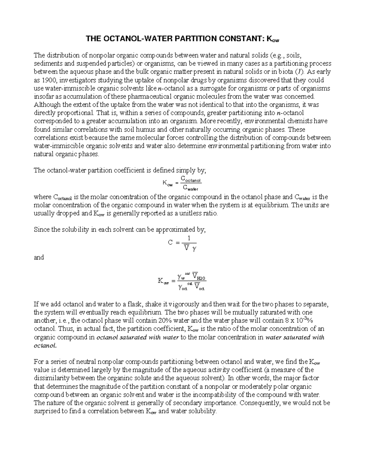 Octanol Water handout 2006 - THE OCTANOL-WATER PARTITION CONSTANT: Kow ...