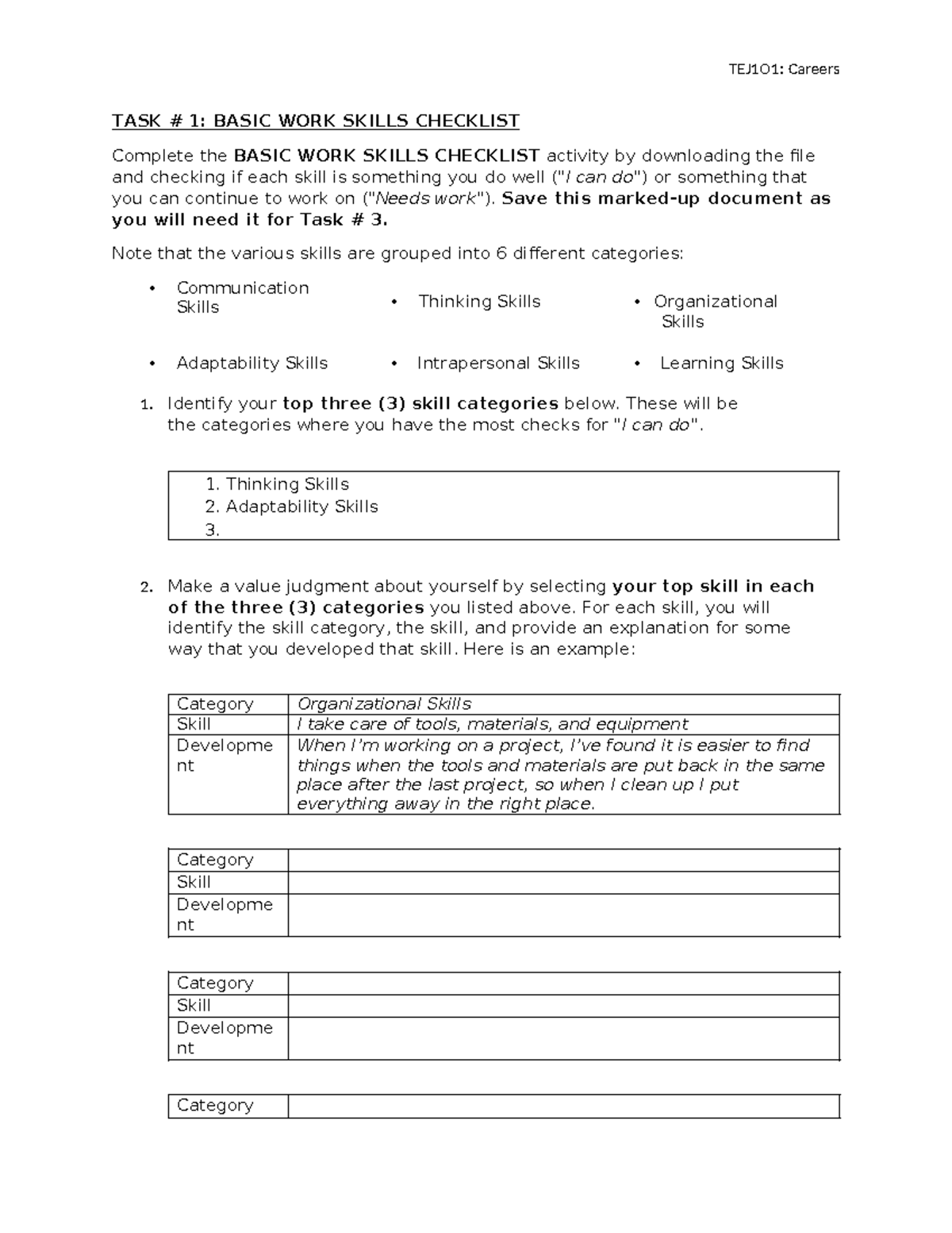 Tech Work For School - Thinking Skills Adaptability Skills TASK # 1: BASIC WORK SKILLS CHECKLIST ...