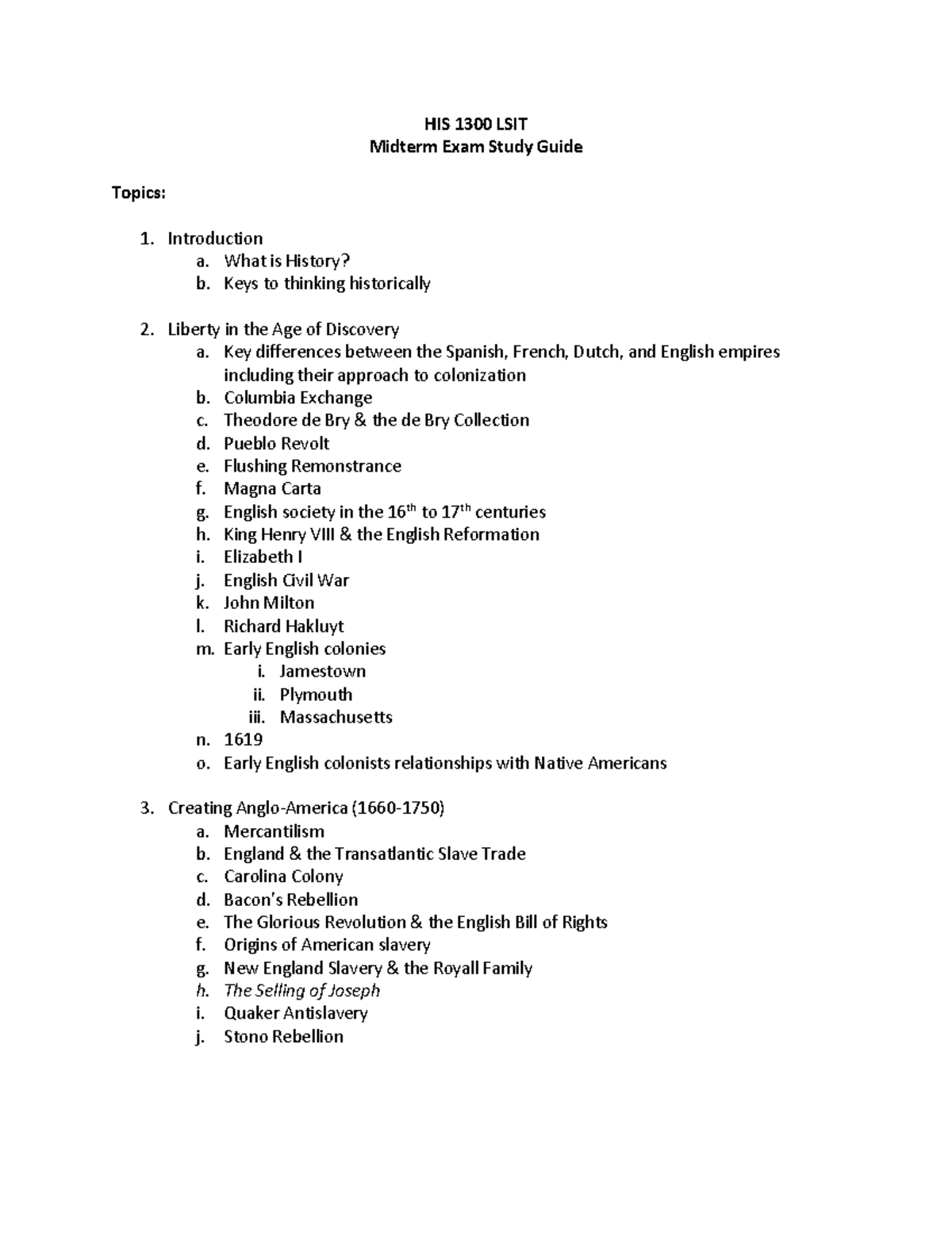 HIS 1300 LSIT Midterm Study Guide - HIS 1300 LSIT Midterm Exam Study ...