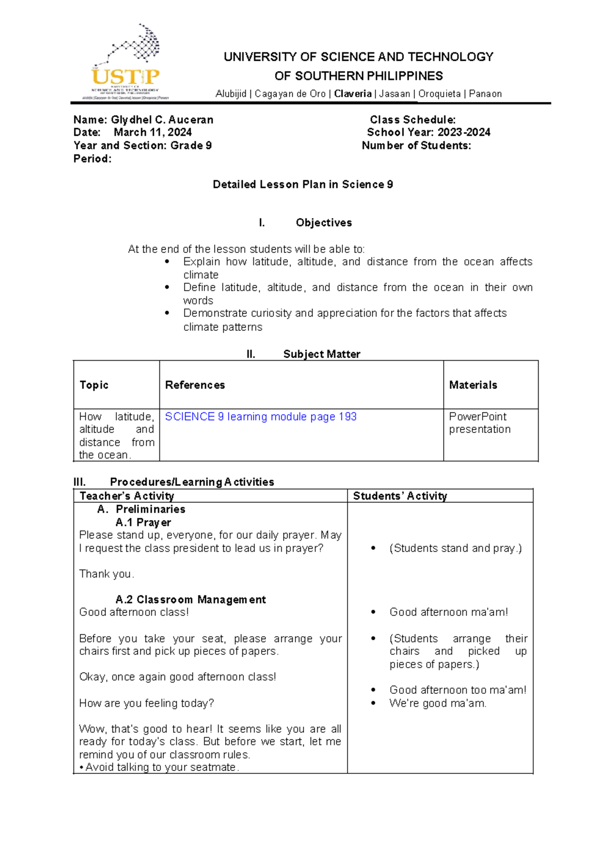 Grade 9 altitude, latitude, distance from the ocean - Name: Glydhel C ...