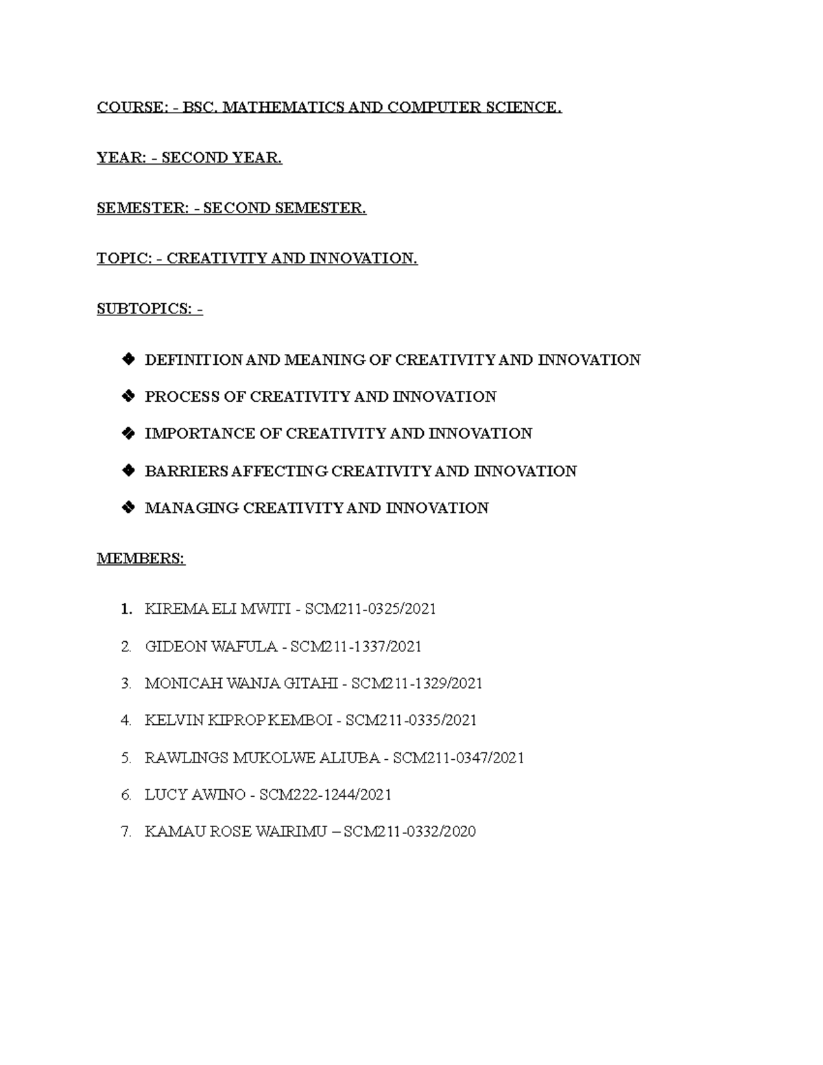 UNIT 4 Creativity AND Innovation - COURSE: - BSC. MATHEMATICS AND COMPUTER SCIENCE. YEAR ...