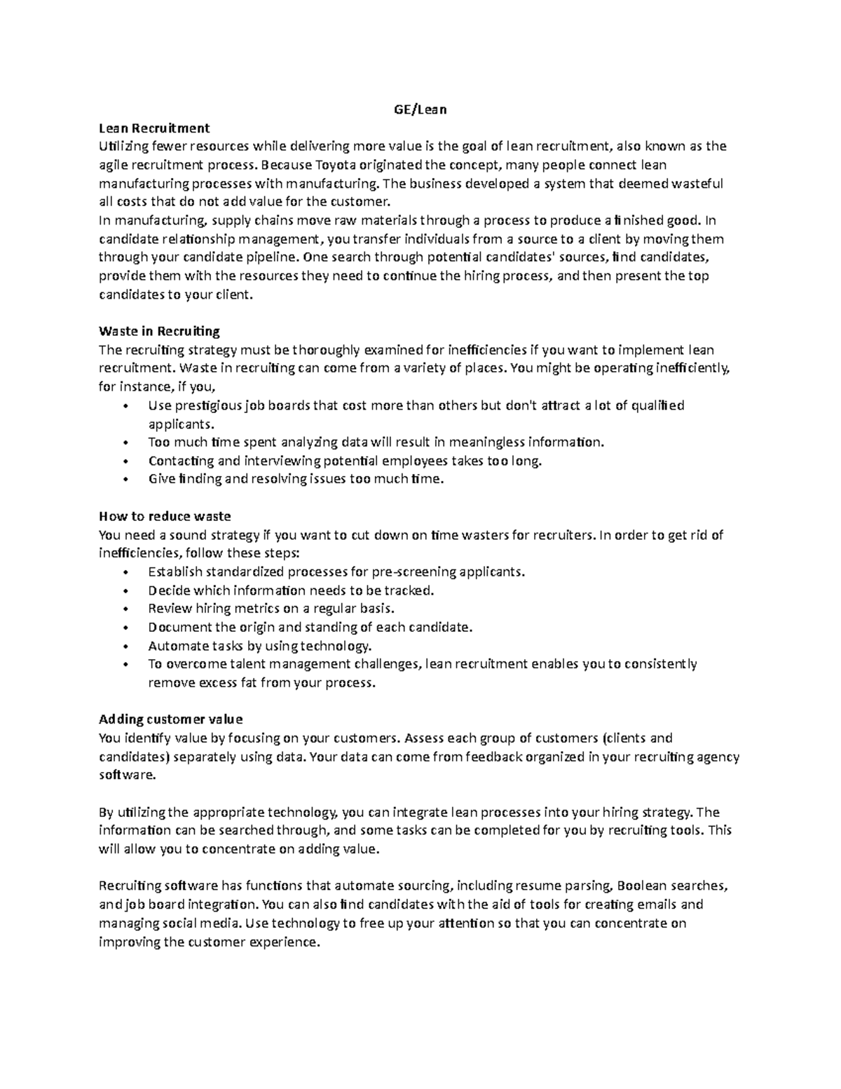 GE Lean - HRM - GE/Lean Lean Recruitment Utilizing fewer resources while delivering more value ...