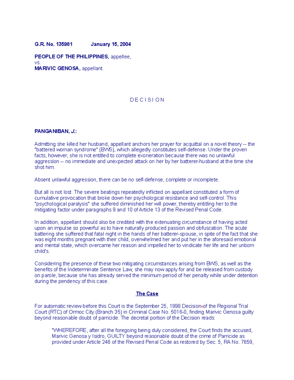 People vs genosa - full text - G. No. 135981 January 15, 2004 PEOPLE OF ...
