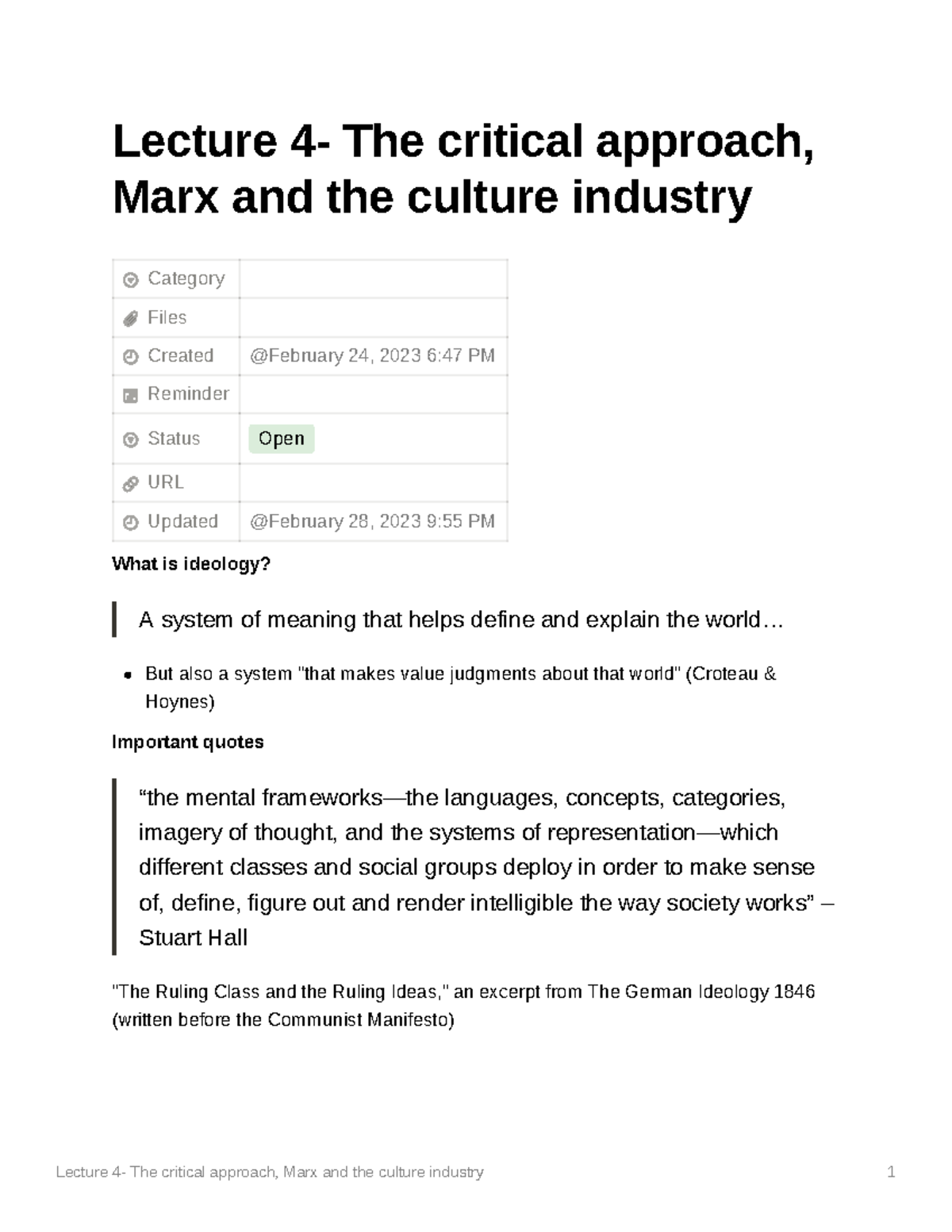 The critical approach Marx and the culture industry - Lecture 4- The ...