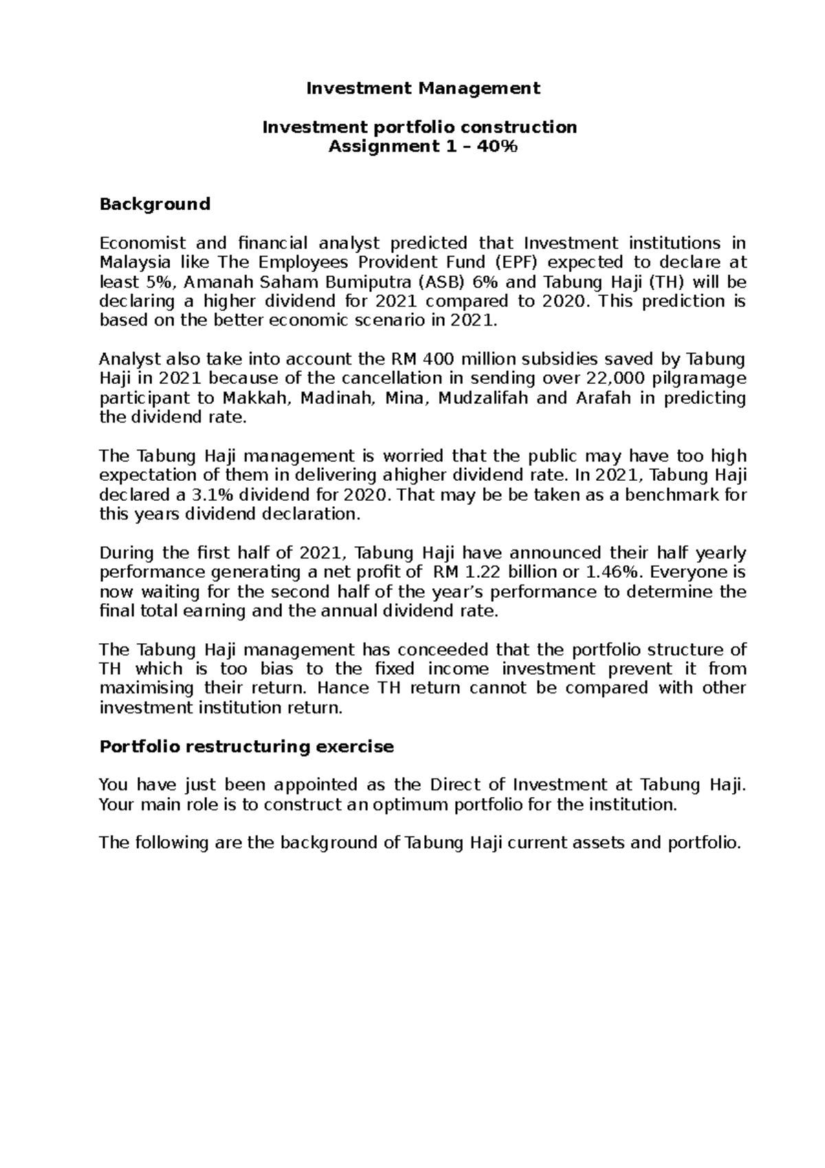 Investment Management Assignment 1 - Investment Management Investment ...