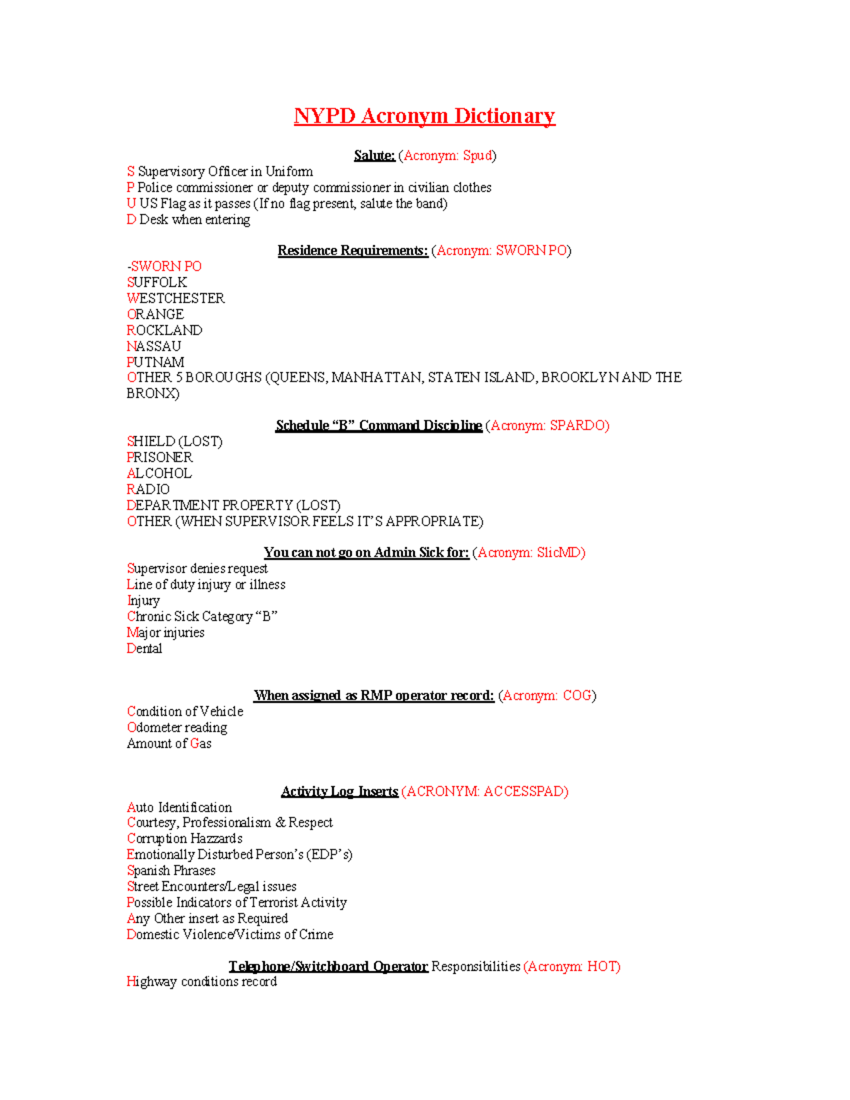 NYPD Acronym - NYPD Acronym Dictionary Salute: (Acronym: Spud) S ...