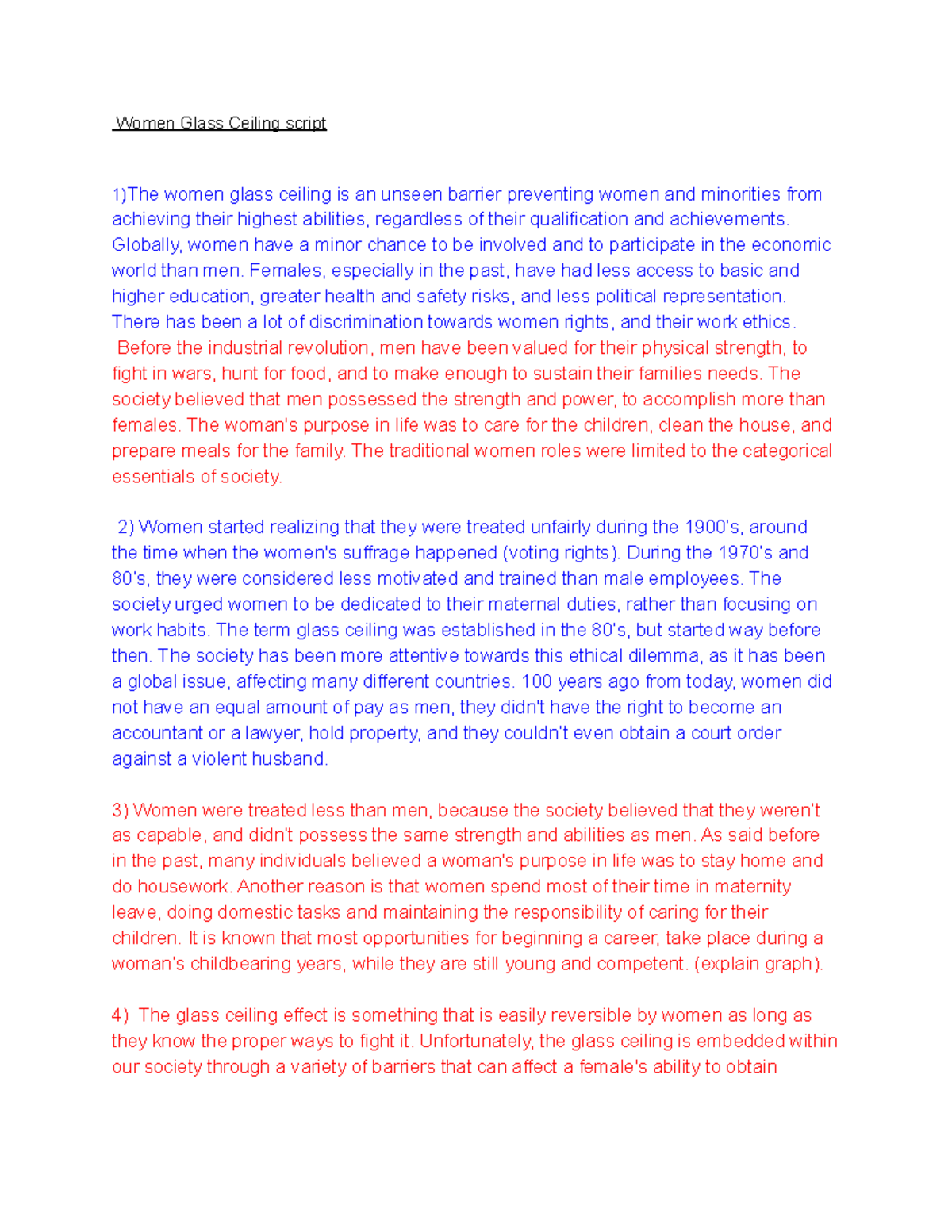 Business script for business class - Women Glass Ceiling script 1)The ...