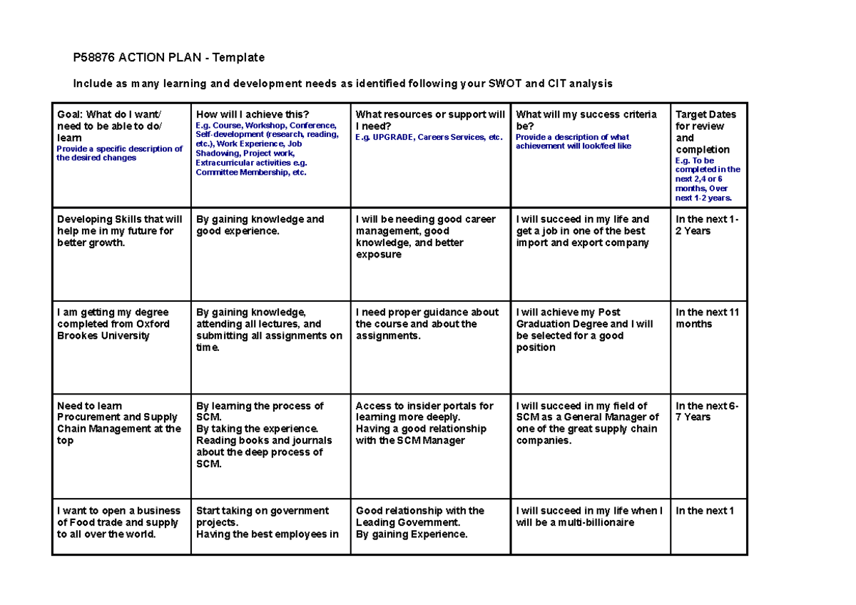 Action Plan template Compleated - P58876 ACTION PLAN - Template Include ...