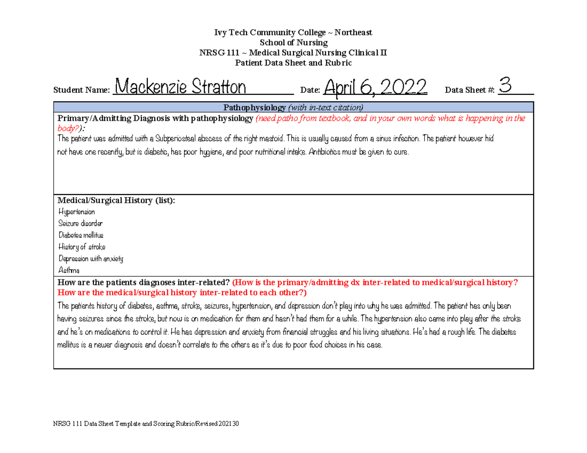 Data Sheet #3 - School of Nursing NRSG 111 ~ Medical Surgical Nursing ...
