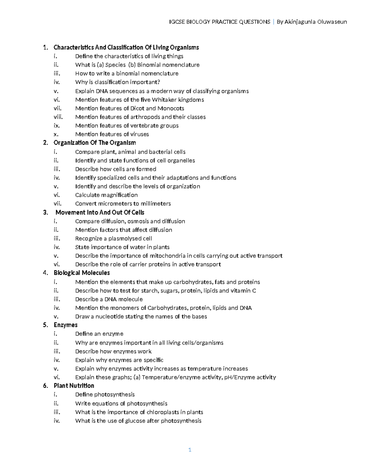 Igcse KEY Questions - Characteristics And Classification Of Living ...