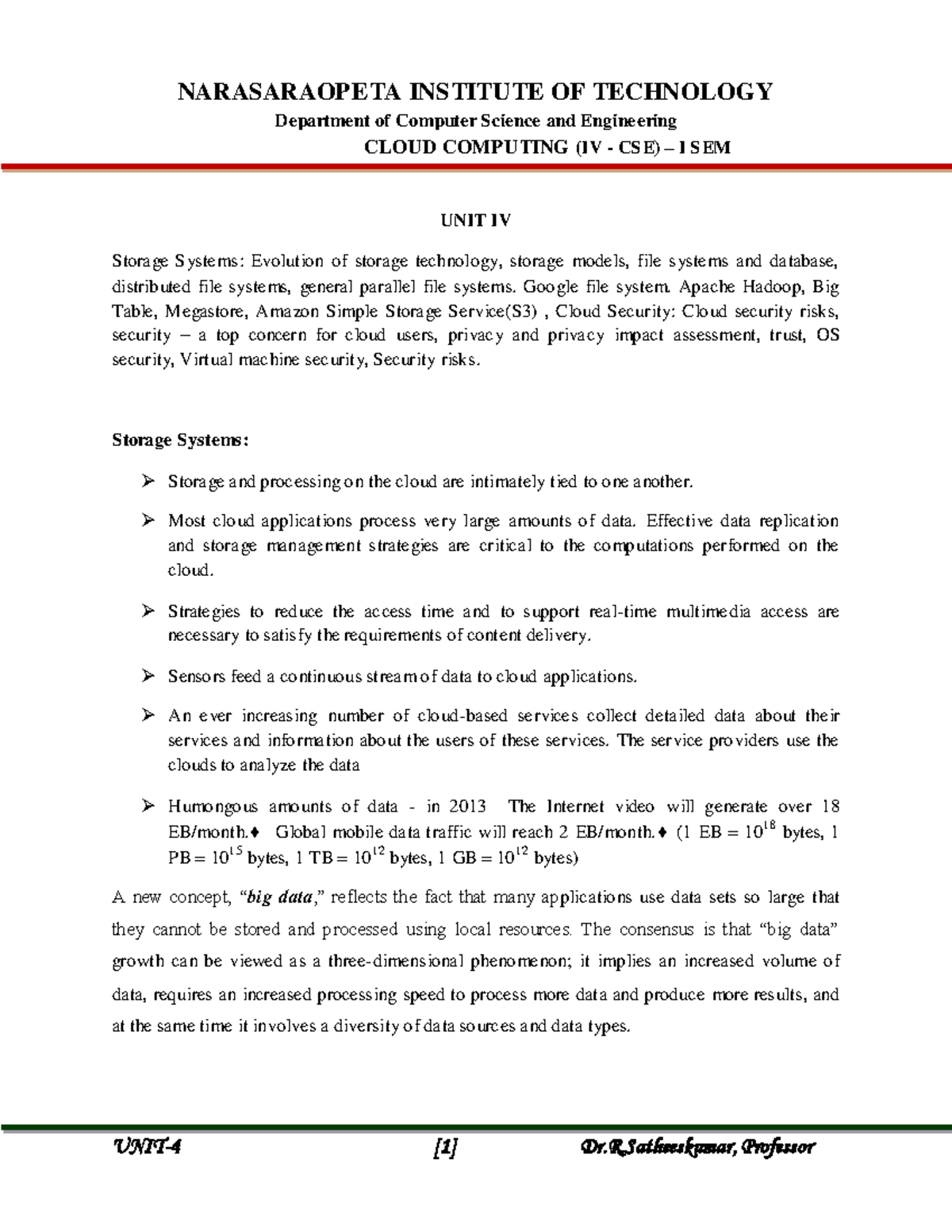 Cloud Computing UNIT-4 - NARASARAOPETA INSTITUTE OF TECHNOLOGY Department of Computer Science ...