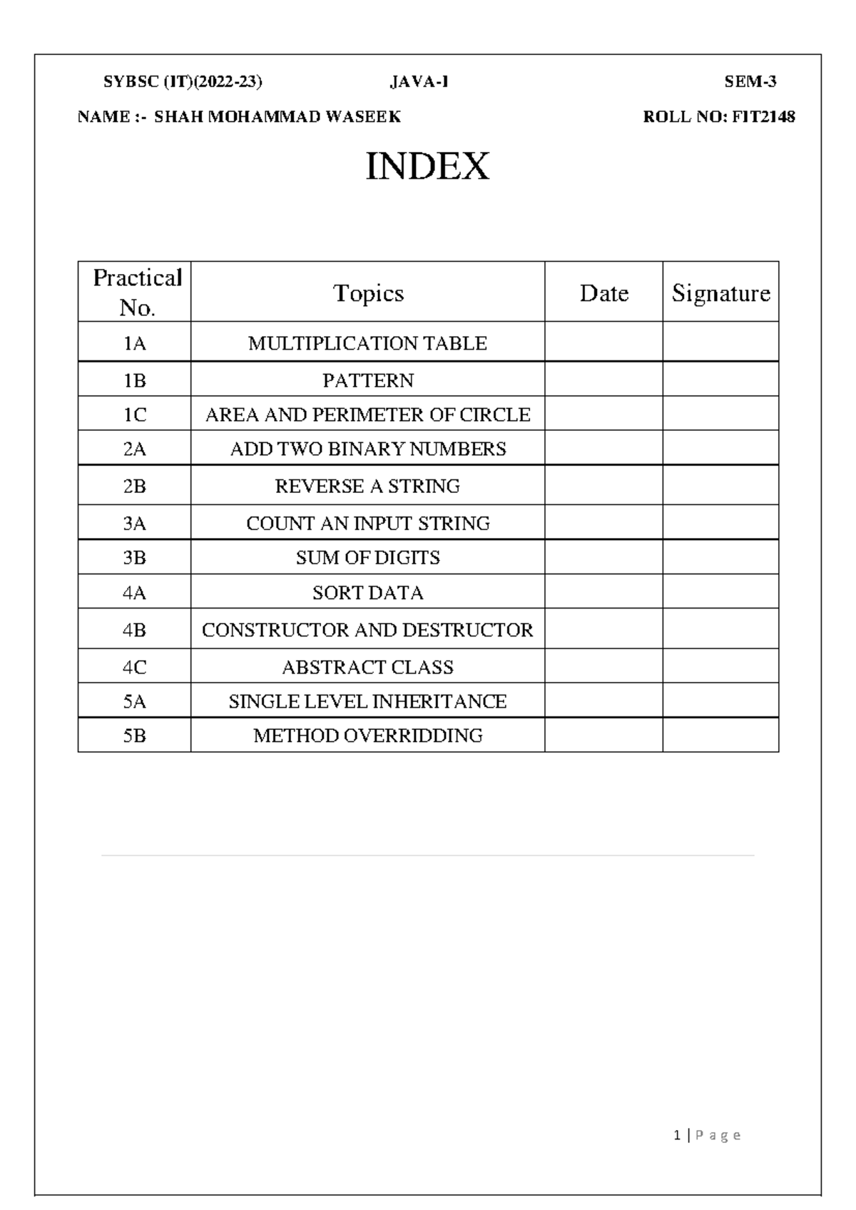 JAVA-I Journal 2022-23 2148 - NAME :- SHAH MOHAMMAD WASEEK ROLL NO: FIT ...