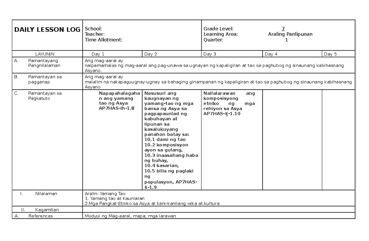 Dll - Dll - DAILY LESSON LOG School: Teacher: Time Allotment: Grade ...