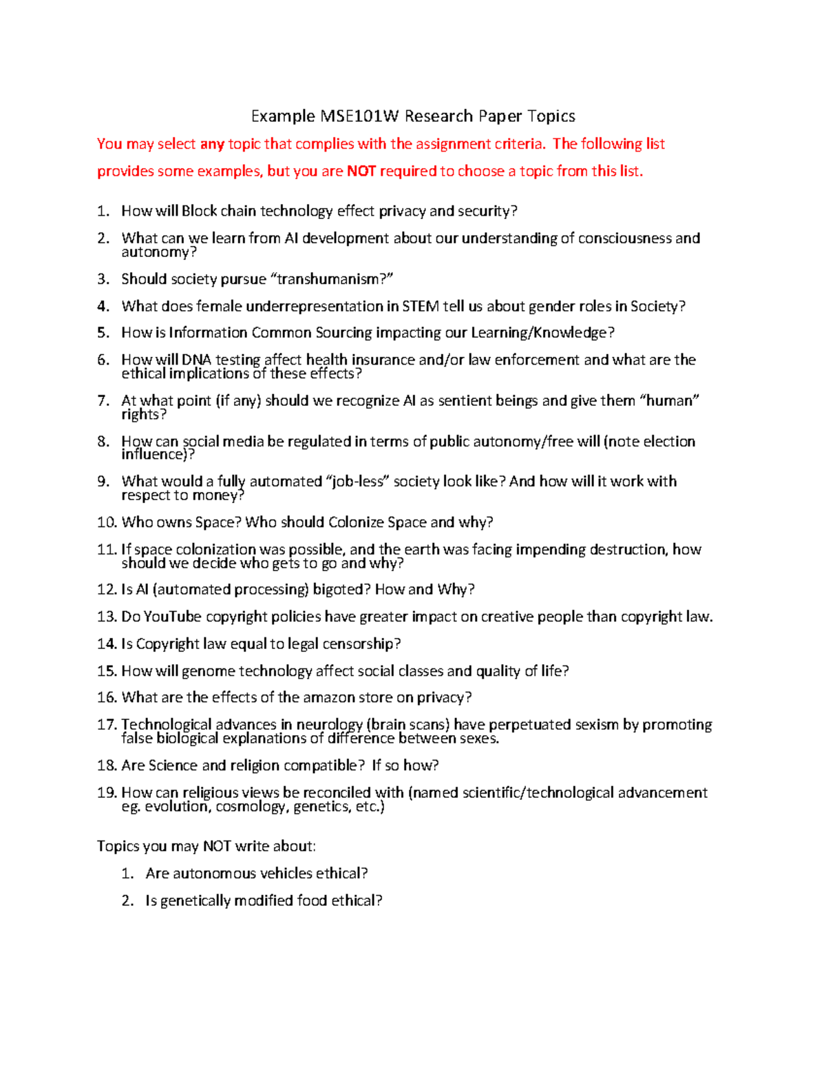 Example Research Paper Topics - Example MSE101W Research Paper Topics ...