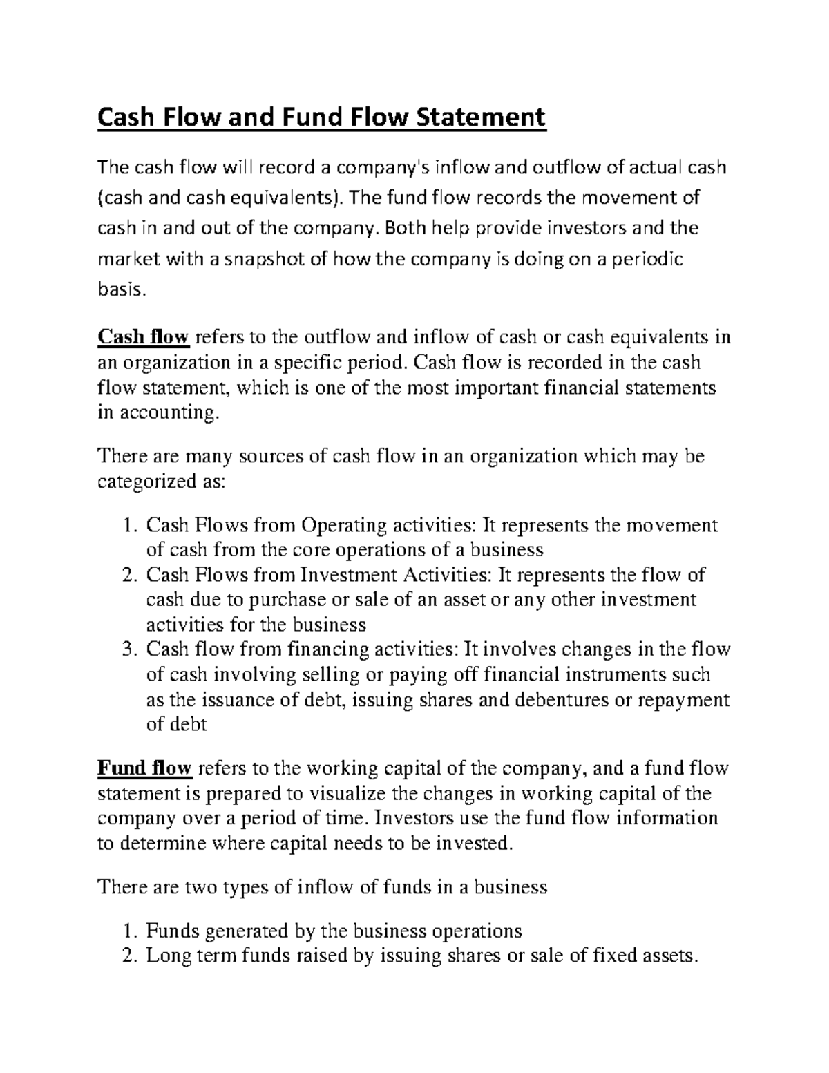 Cash Flow and Fund Flow Statement - The fund flow records the movement ...