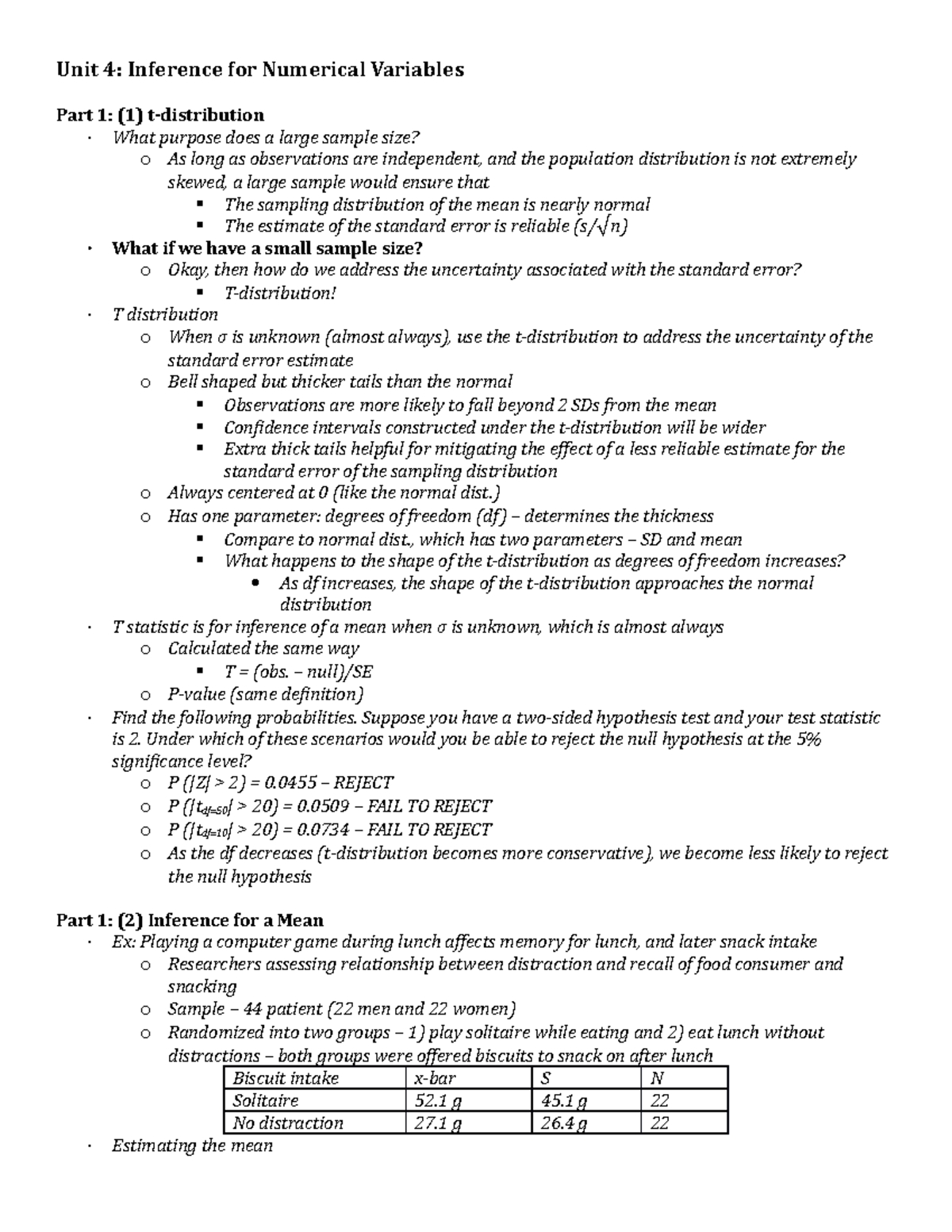 Stats Unit 4 Video Notes - Unit 4: Inference for Numerical Variables ...