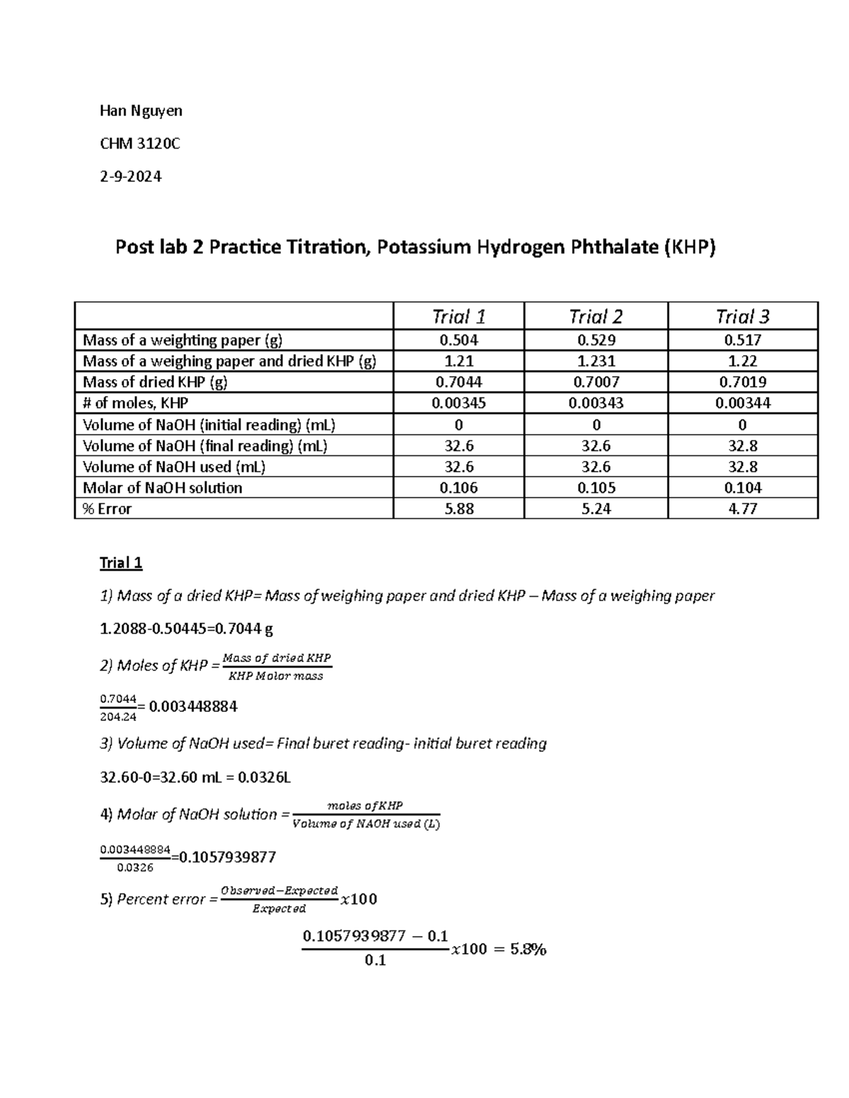 Post lab 2 - Post lab 2 - Han Nguyen CHM 3120C 2 - 9 - 2024 Post lab 2 Practice Titration ...