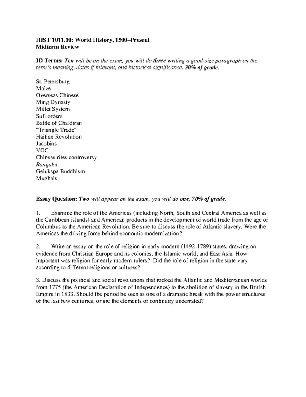 Midterm Exam Study Sheet - HIST 1011: World History, 1500–Present ...