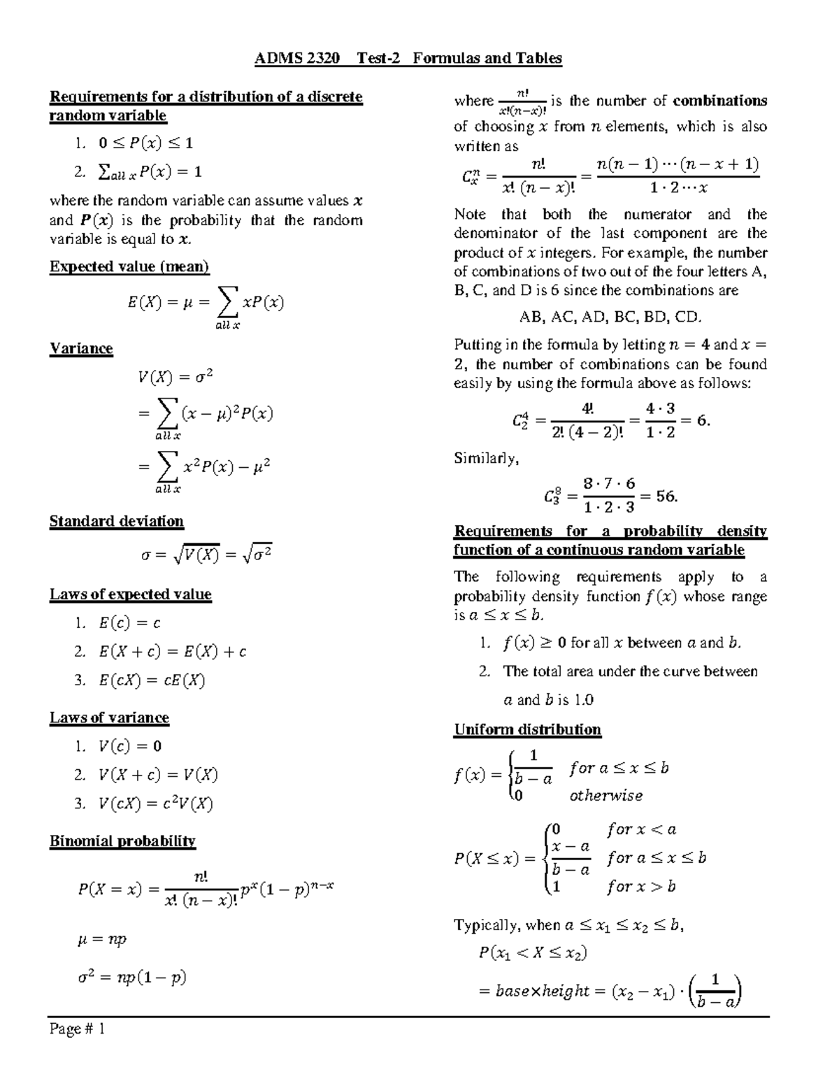 ADMS 2320 Probability Distributions and Formulas - Requirements for a distribution of a discrete ...