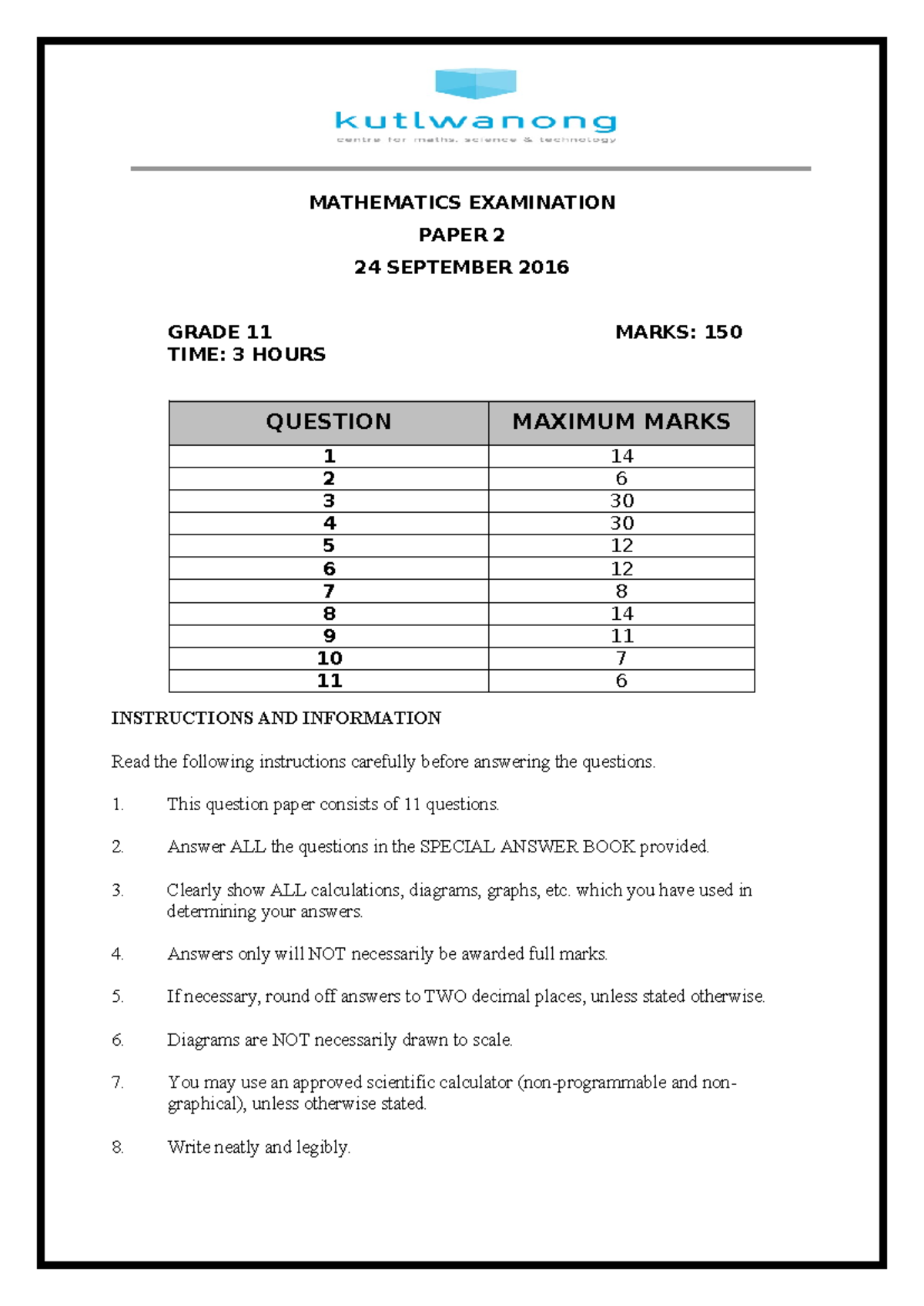 Grade 11 Paper 2 Question Paper - MATHEMATICS EXAMINATION PAPER 2 24 ...