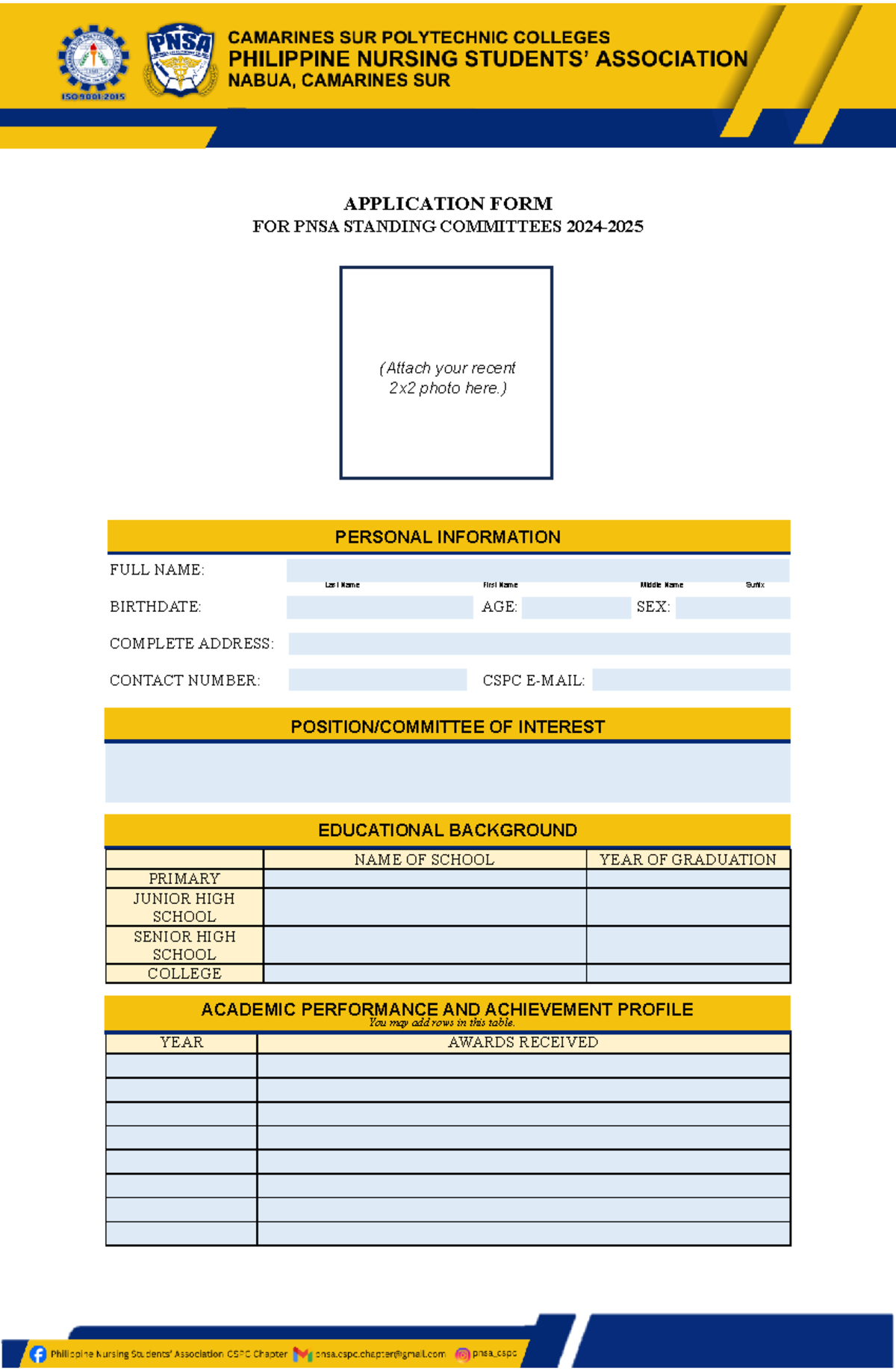 PNSA Standing Committees Application FORM - APPLICATION FORM FOR PNSA ...