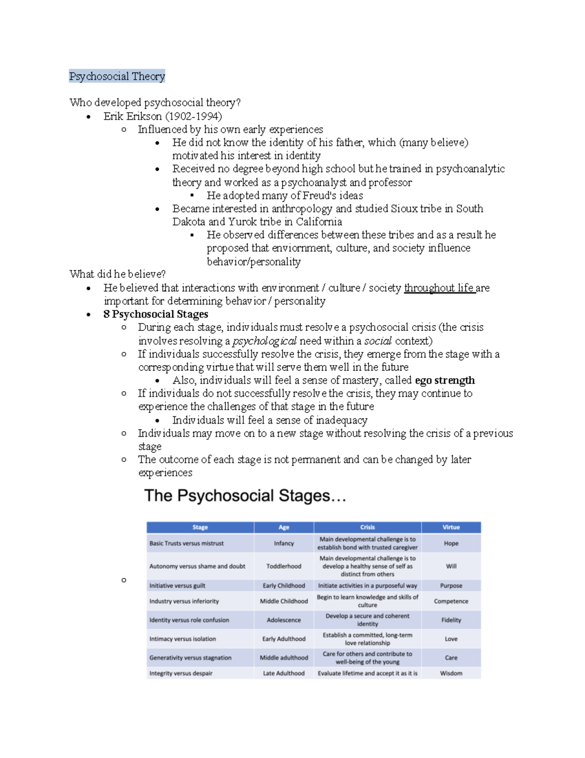 Psychosocial theory notes - Psychosocial Theory Who developed ...